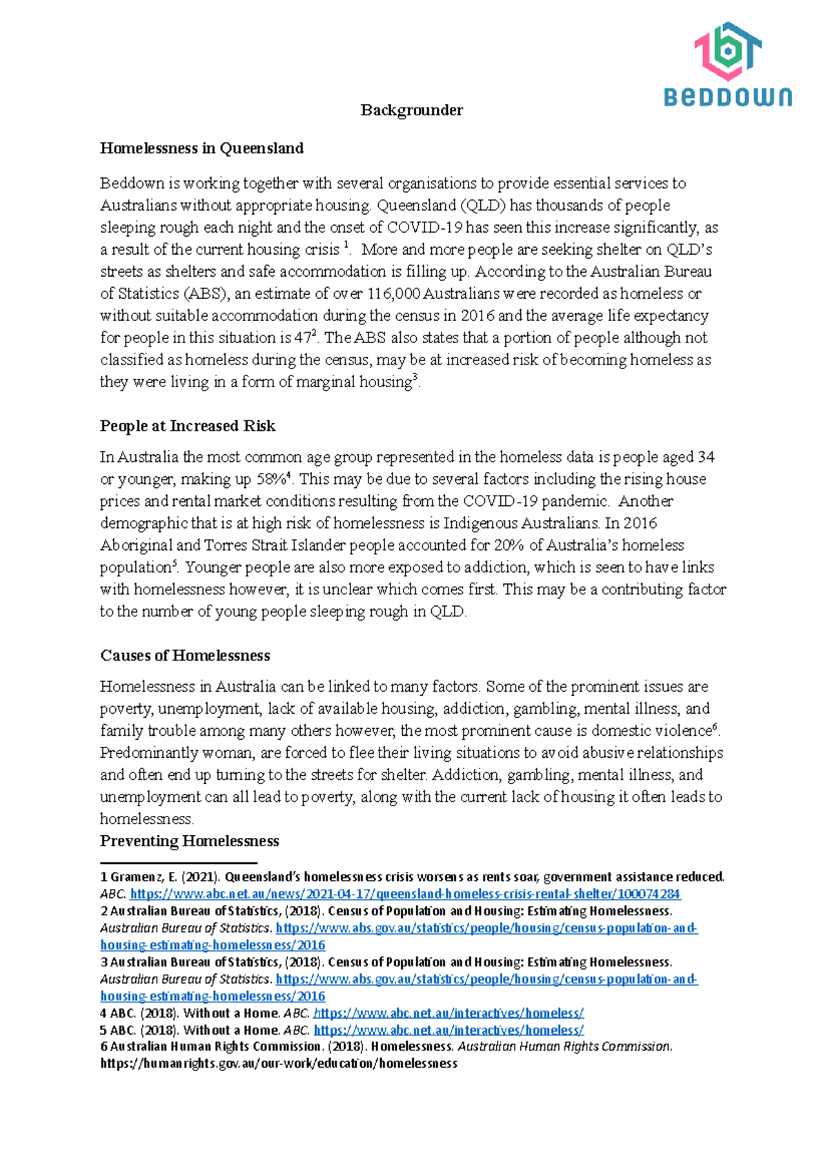 Beddown Backgrounder for media relations - Backgrounder Homelessness in ...