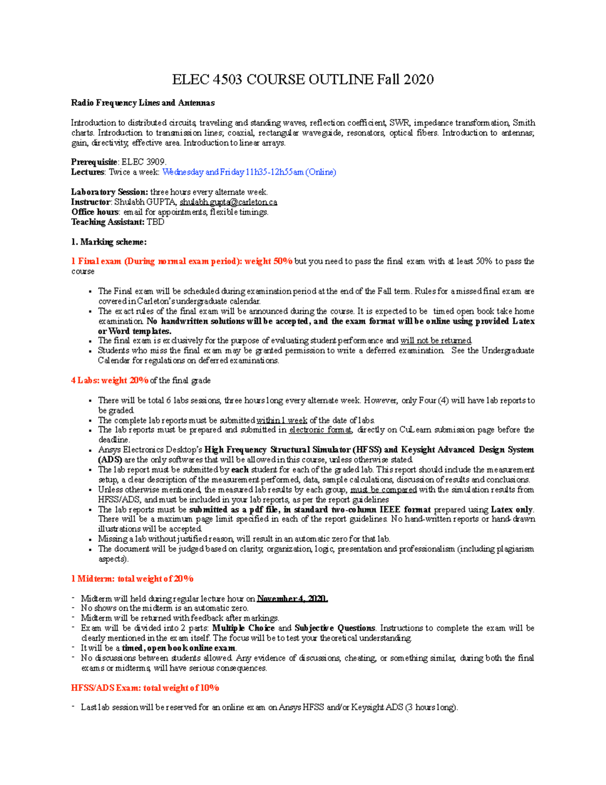 4503 Course Description Fall 2020 - ELEC 4503 COURSE OUTLINE Fall 2020 ...