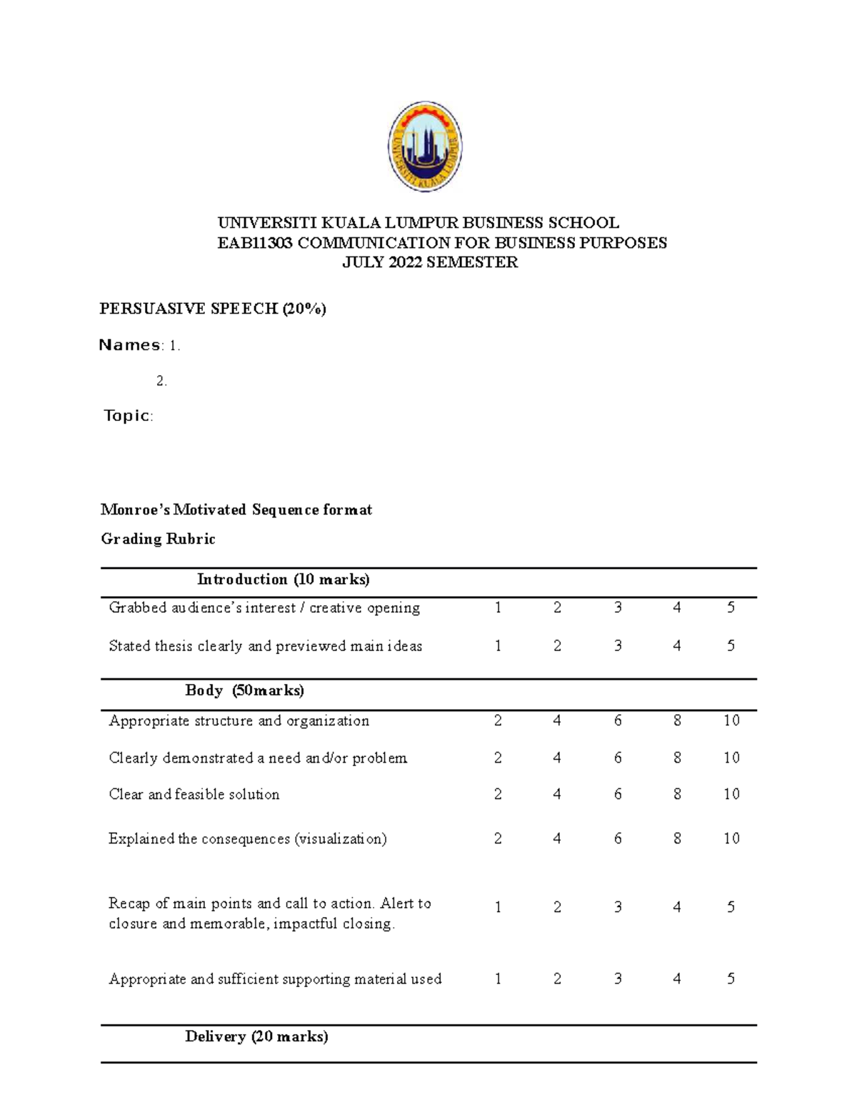28 Aug EIB 11003 Persuasive speech rubrics 2022 - UNIVERSITI KUALA ...