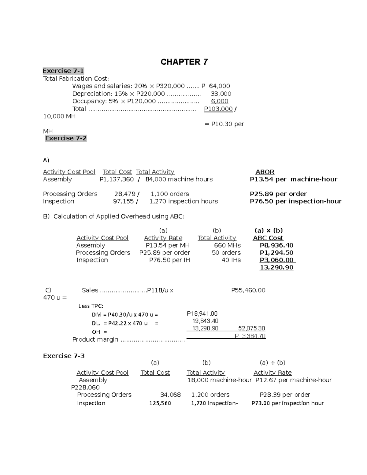 Ch7-ABC-SM2023 - COST ACCOUNTING - CHAPTER 7 Exercise 7- Total Fabrication Cost: Wages and ...