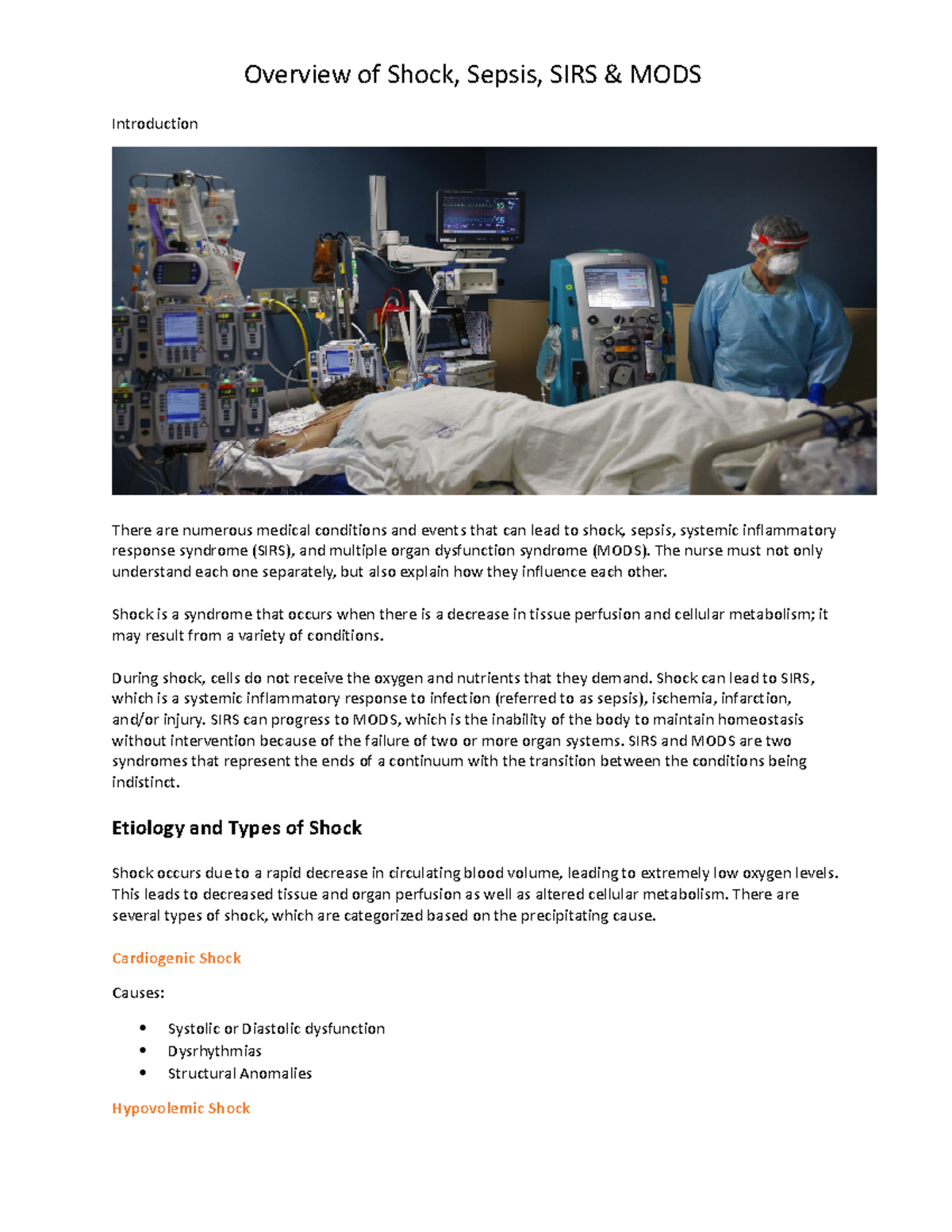 Overview of Shock, Sepsis, SIRS & MODS - Introduction There are ...