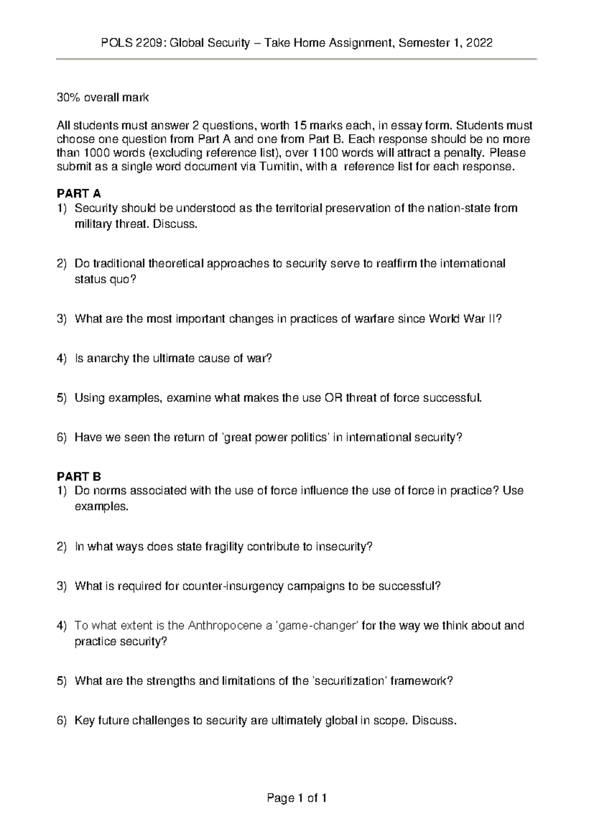 POLS 2209 Exam 2022 - final exam - POLS 2209: Global Security – Take Home Assignment, Semester 1 ...