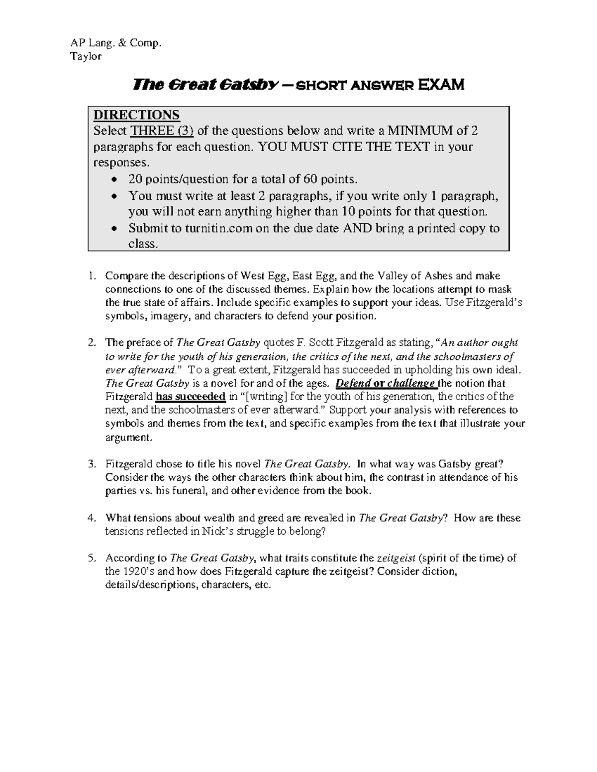 The Great Gatsby-Short Answer 2022 - AP Lang. & Comp. Taylor The Great ...