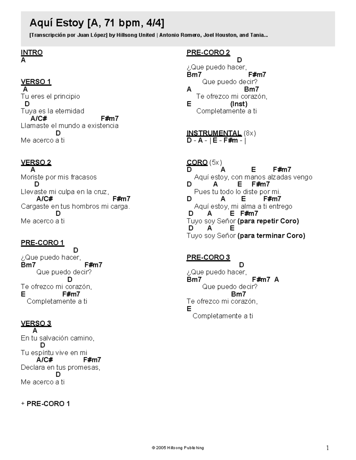 Aquí Estoy - A.pdf Original - Aquí Estoy [A, 71 bpm, 4/4 ...