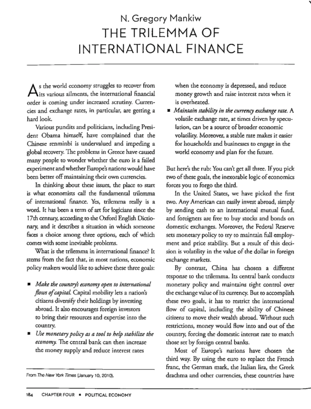 N. Gregory Mankiw the Trilemma of International Finance - N. G r e g o ...