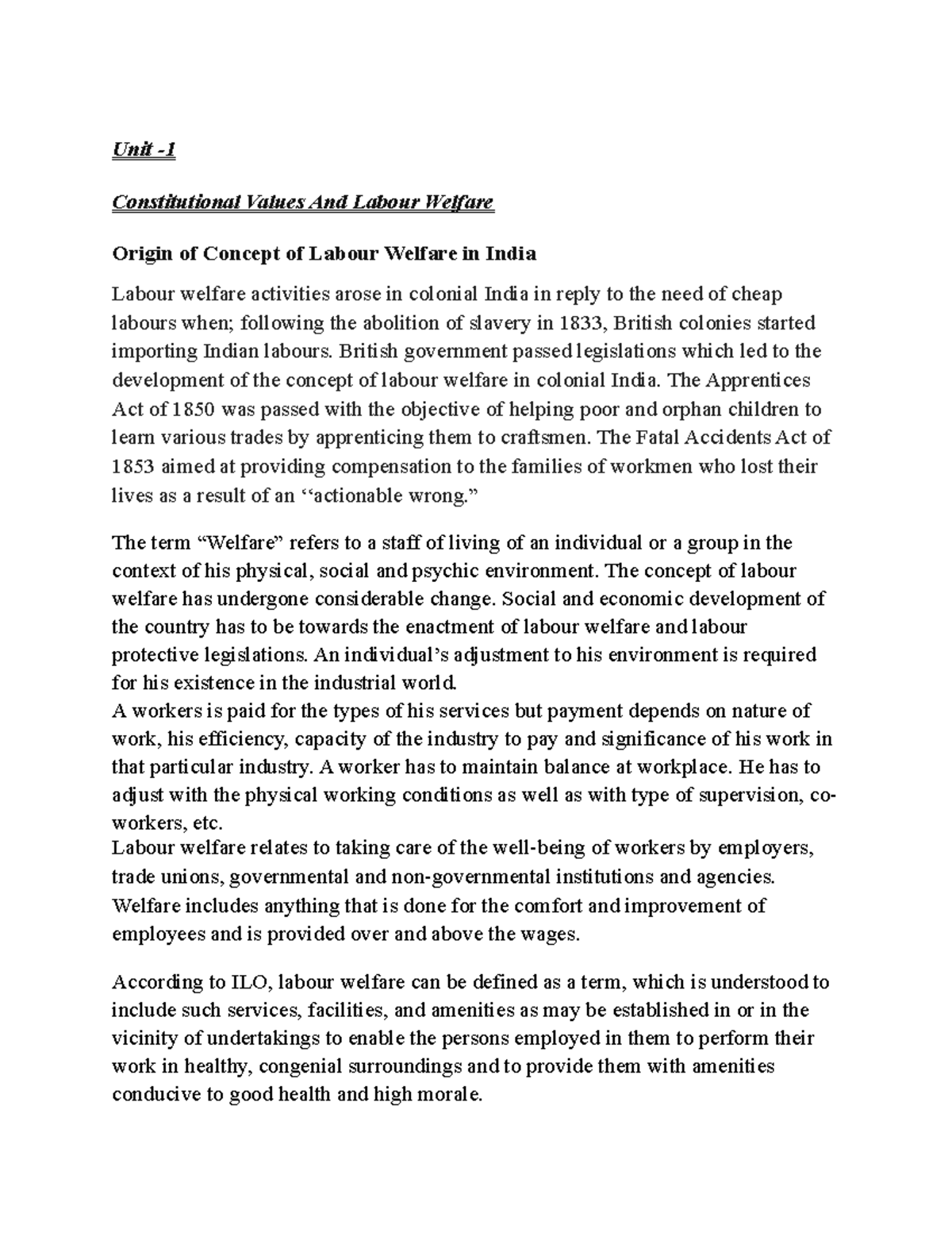 Labour law notes - Unit - Constitutional Values And Labour Welfare ...