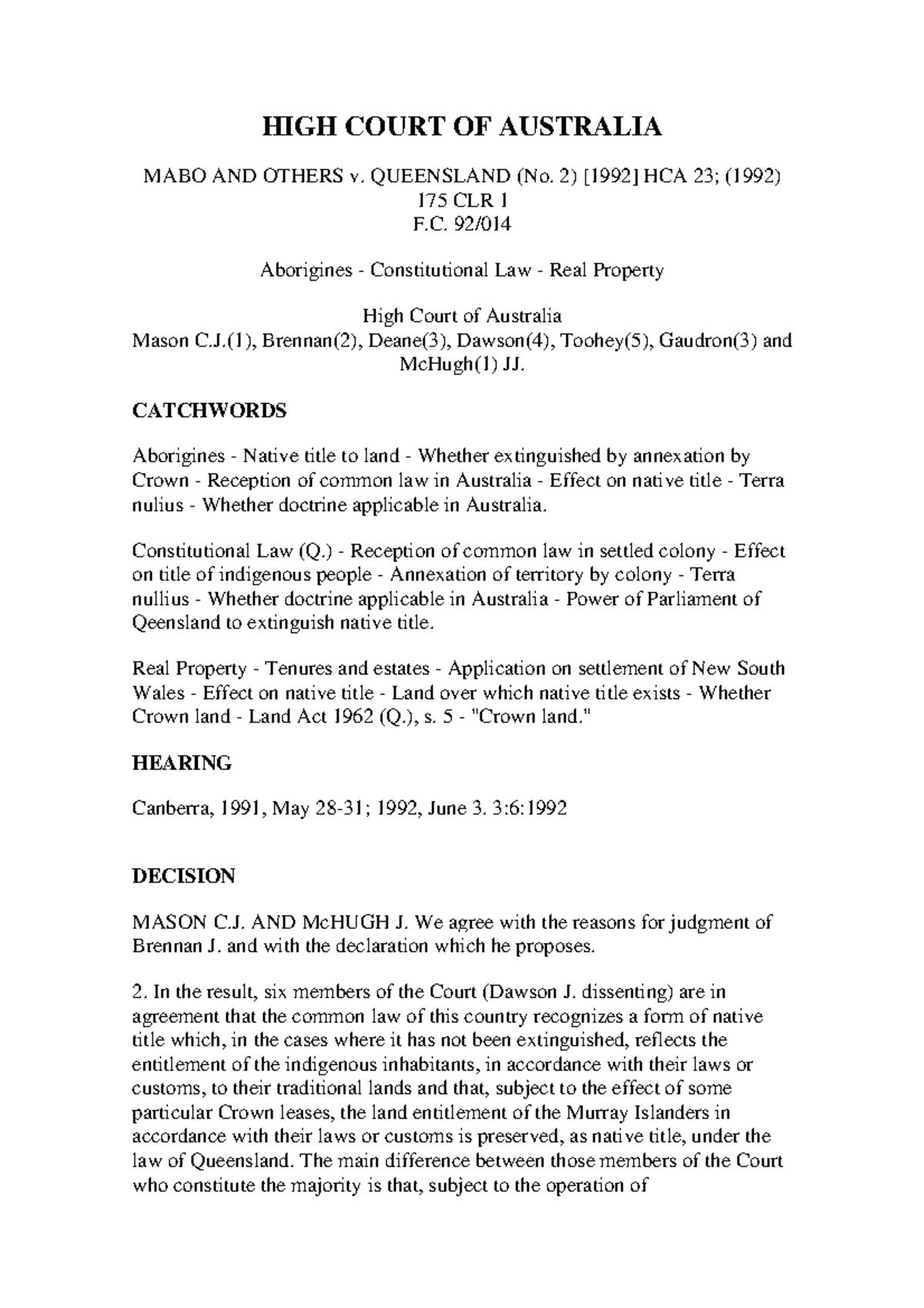 MABO AND Others v. Queensland (No. 2) [1992] HCA 23 - HIGH COURT OF ...
