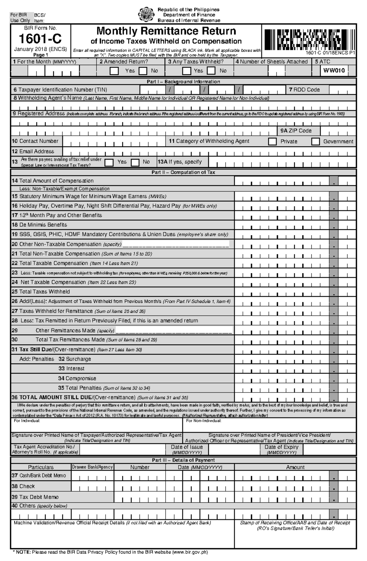1601C final Jan 2018 with DPA - BIR Form No. 1601-C January 2018 (ENCS ...