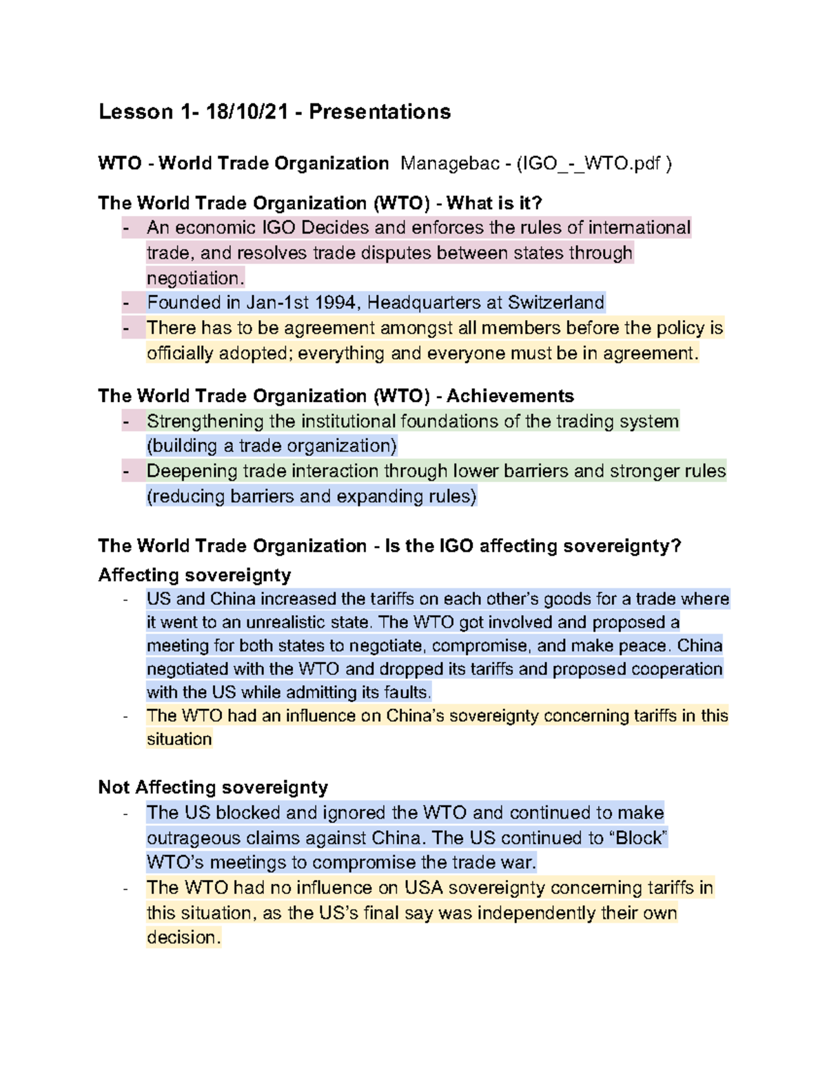 politics work studies - Lesson 1- 18/10/21 - Presentations WTO - World ...