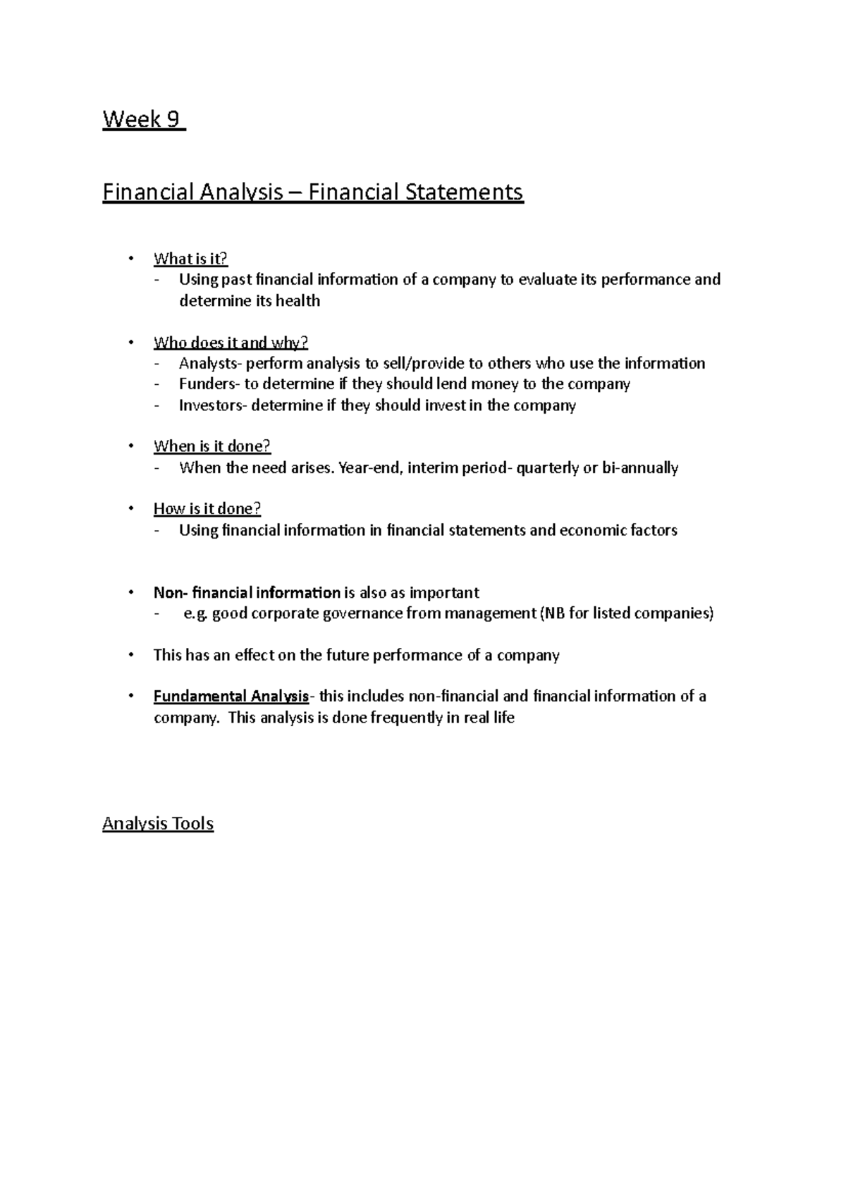 Week 9 - ACC1012S week 9 notes - Week 9 Financial Analysis – Financial ...