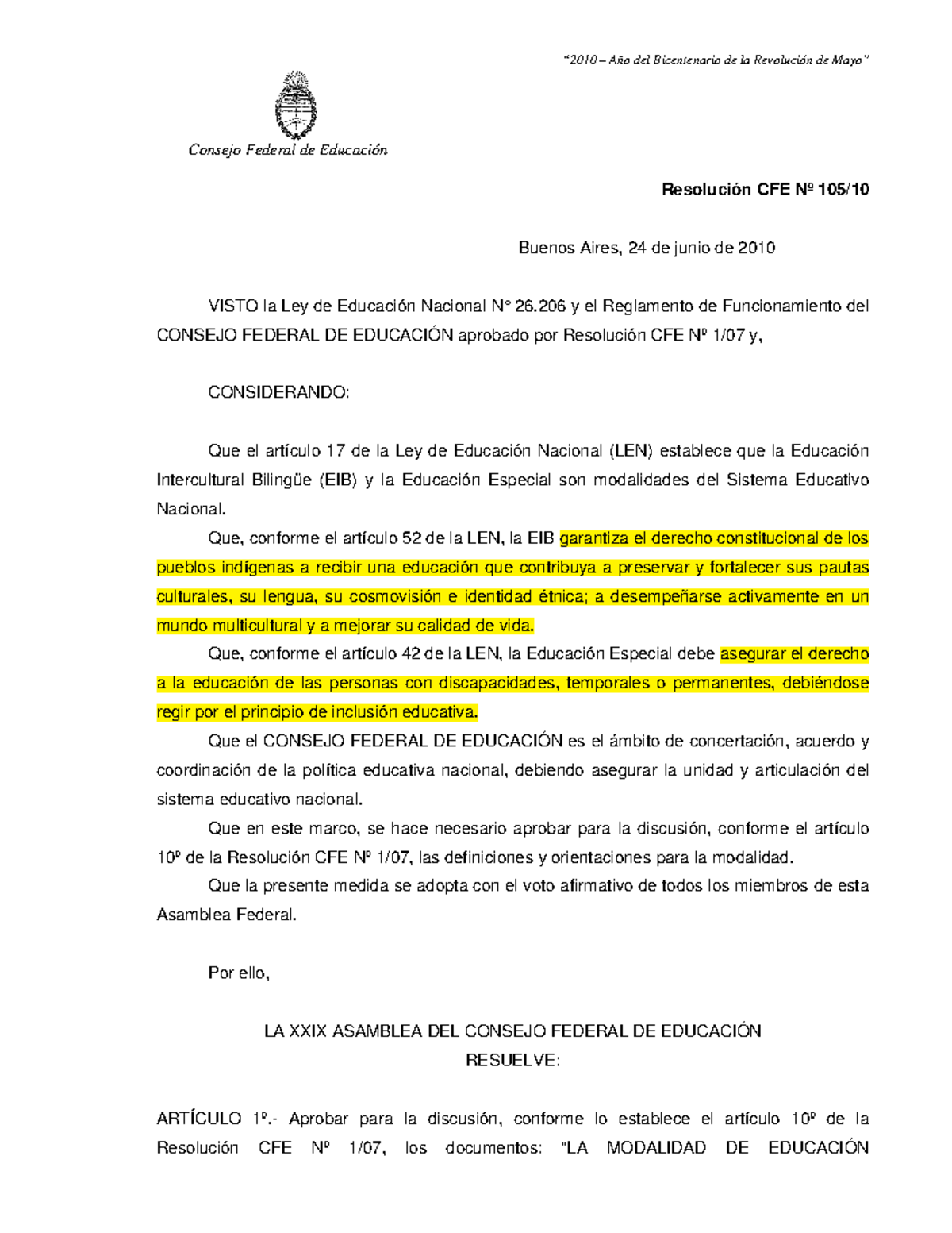 Res CFE 105 Educación Intercultural Bilingue - “2010 – Año del Bicentenario de la Revolución de ...
