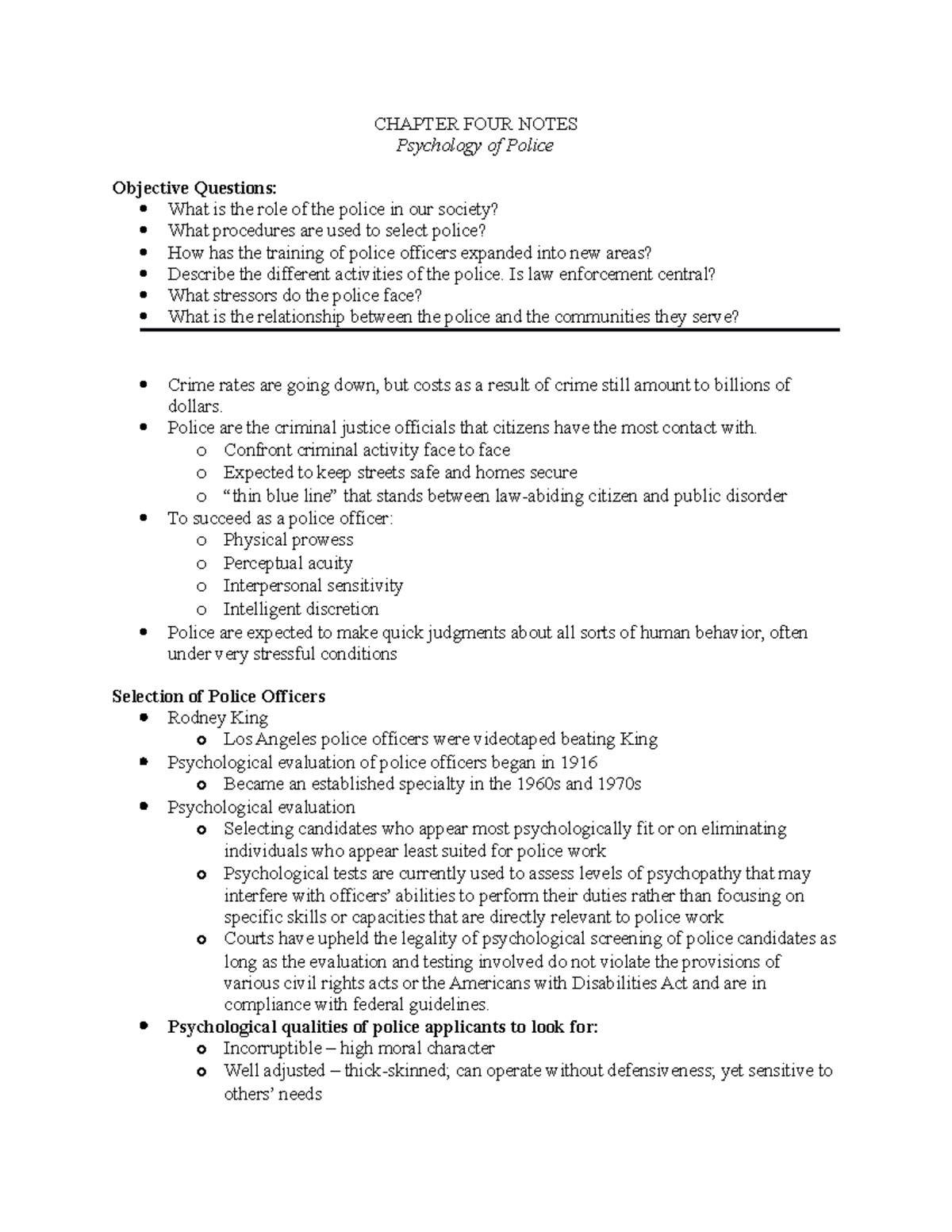 Chapter 4 Notes - CHAPTER FOUR NOTES Psychology of Police Objective ...