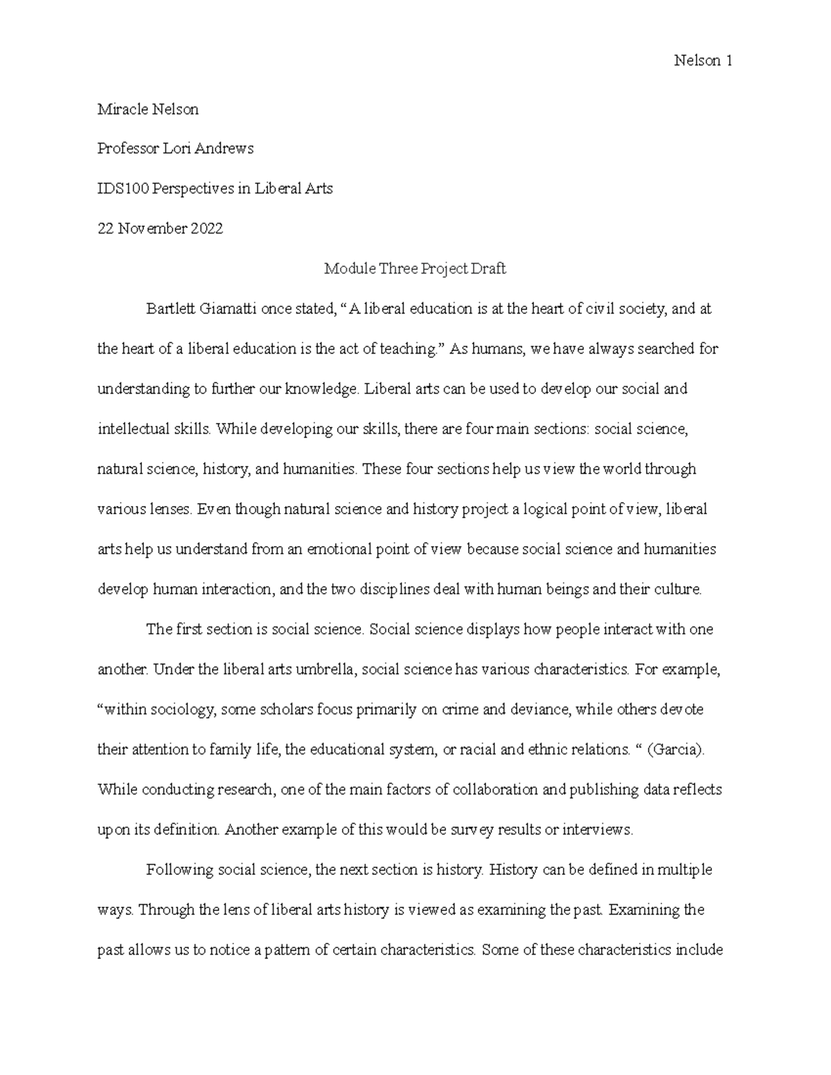 Module Three Project Draft - Copy - Nelson 1 Miracle Nelson Professor ...
