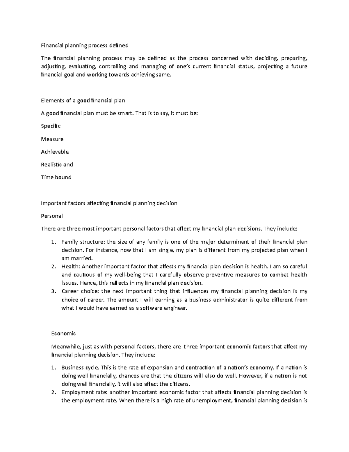 Week 1 - Discussion forum unit 1 - Financial planning process defined ...
