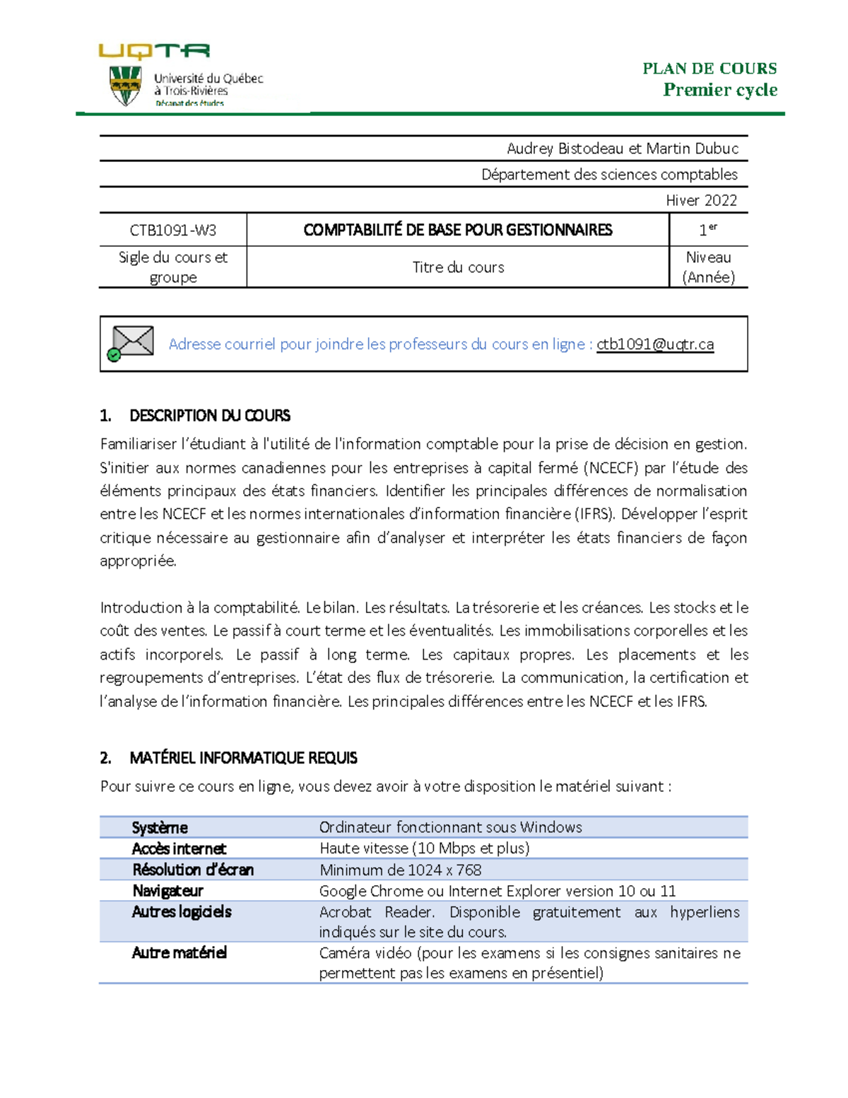 Plan de cours CTB1091-W3 hiv. 2022 - Premier cycle Audrey Bistodeau et ...