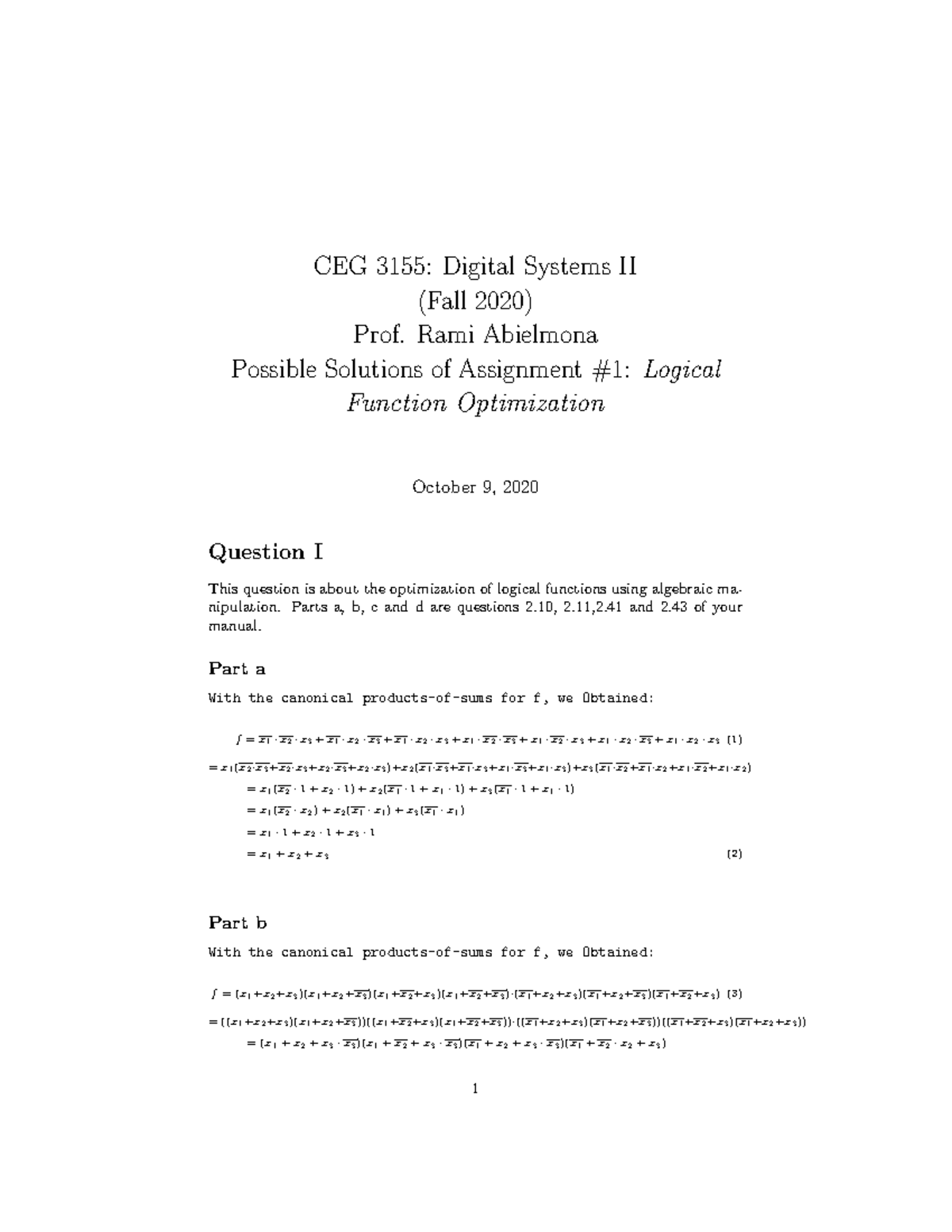 Ceg3155Assignment 1Solutions Fall 2020 - CEG 3155: Digital Systems II (Fall 2020) Prof. Rami ...