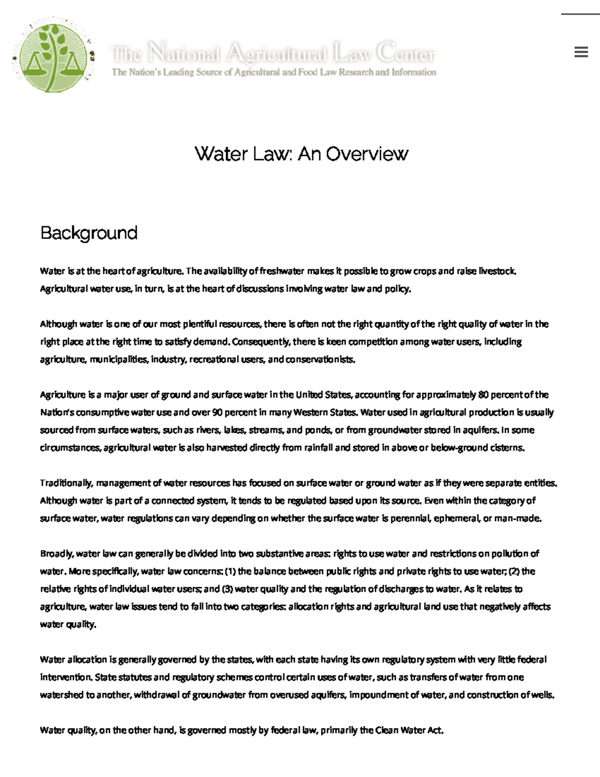Water Law Overview - National Agricultural Law Center - Water Law: An ...