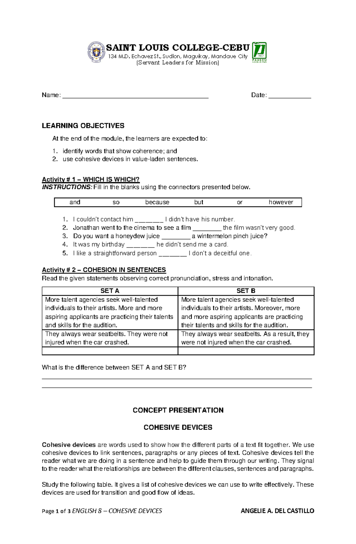 Cohesive Devices Week 5 - Page 1 of 3 ENGLISH 8 – COHESIVE DEVICES ...