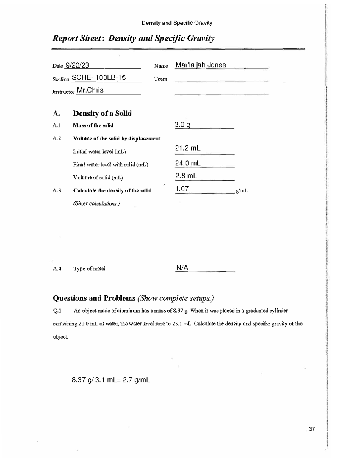 Post Lab 2 Activity - Density and Specific Gravity - Density and Specific Gravity Report Sheet ...