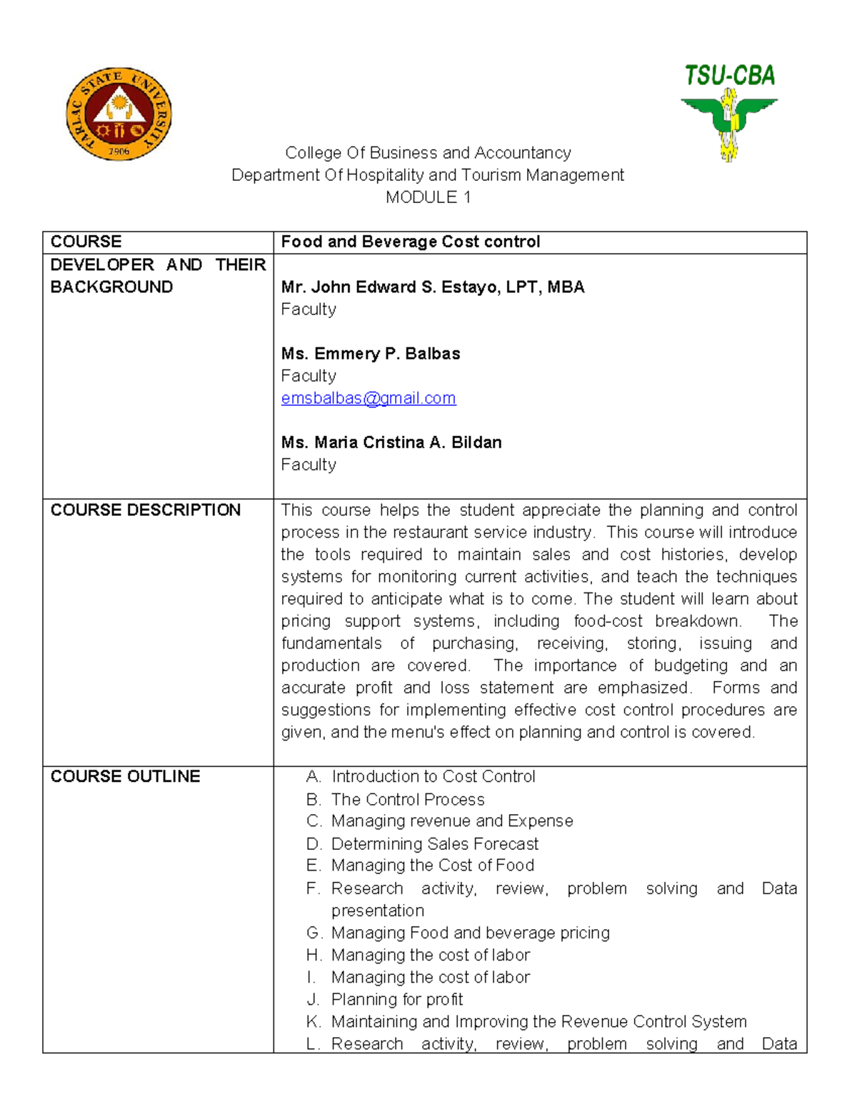 Module 1 Cost Control - overview - College Of Business and Accountancy ...