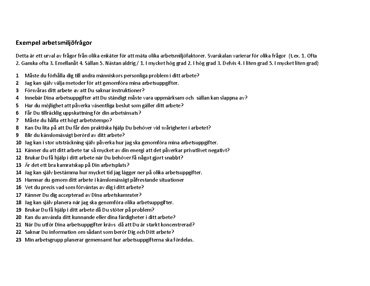 Exempel arbetsmiljöfrågor - Exempel arbetsmiljöfrågor Detta är ett ...