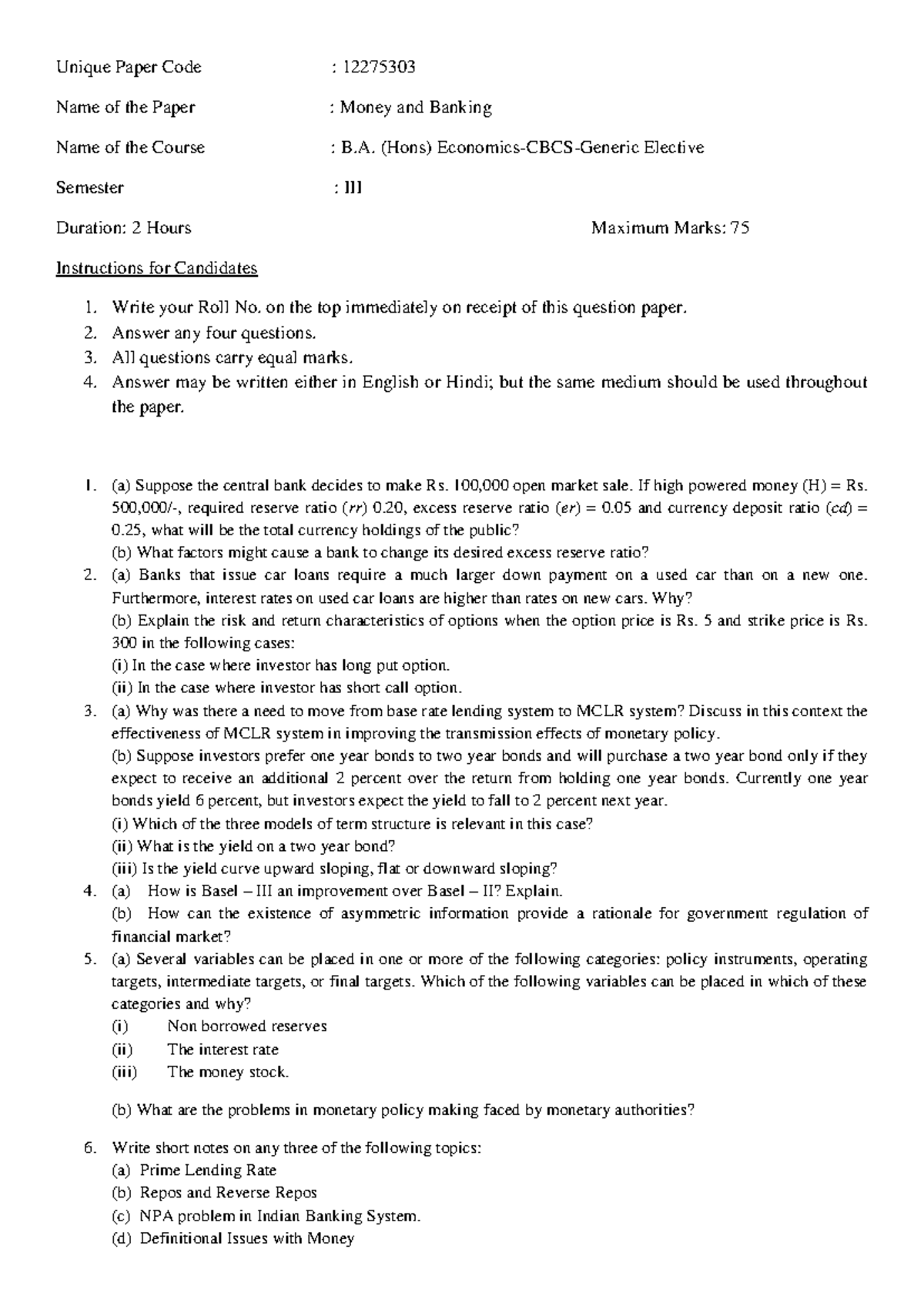 Sem3 Part2 Dec 2020 G - PYQ - Unique Paper Code : 12275303 Name of the Paper : Money and Banking ...