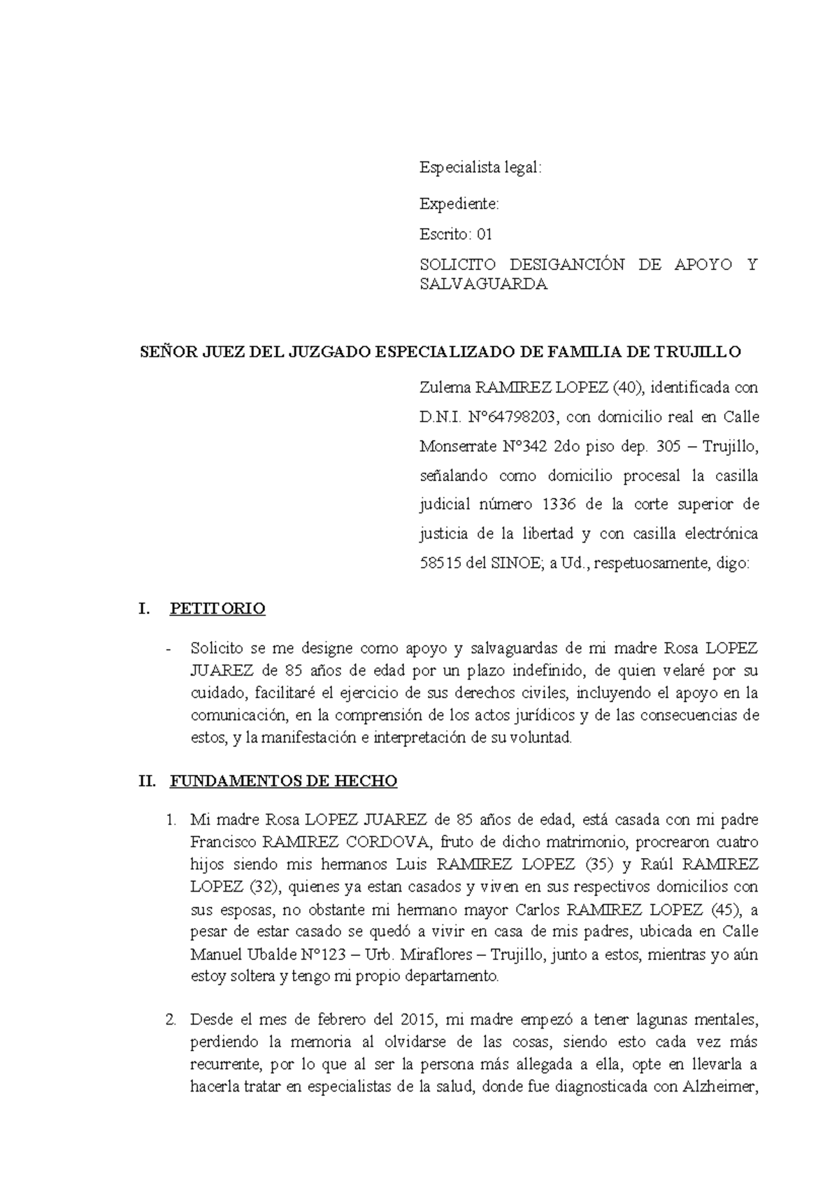Solicitud DE Apoyo Y Salvaguarda - Especialista legal: Expediente ...