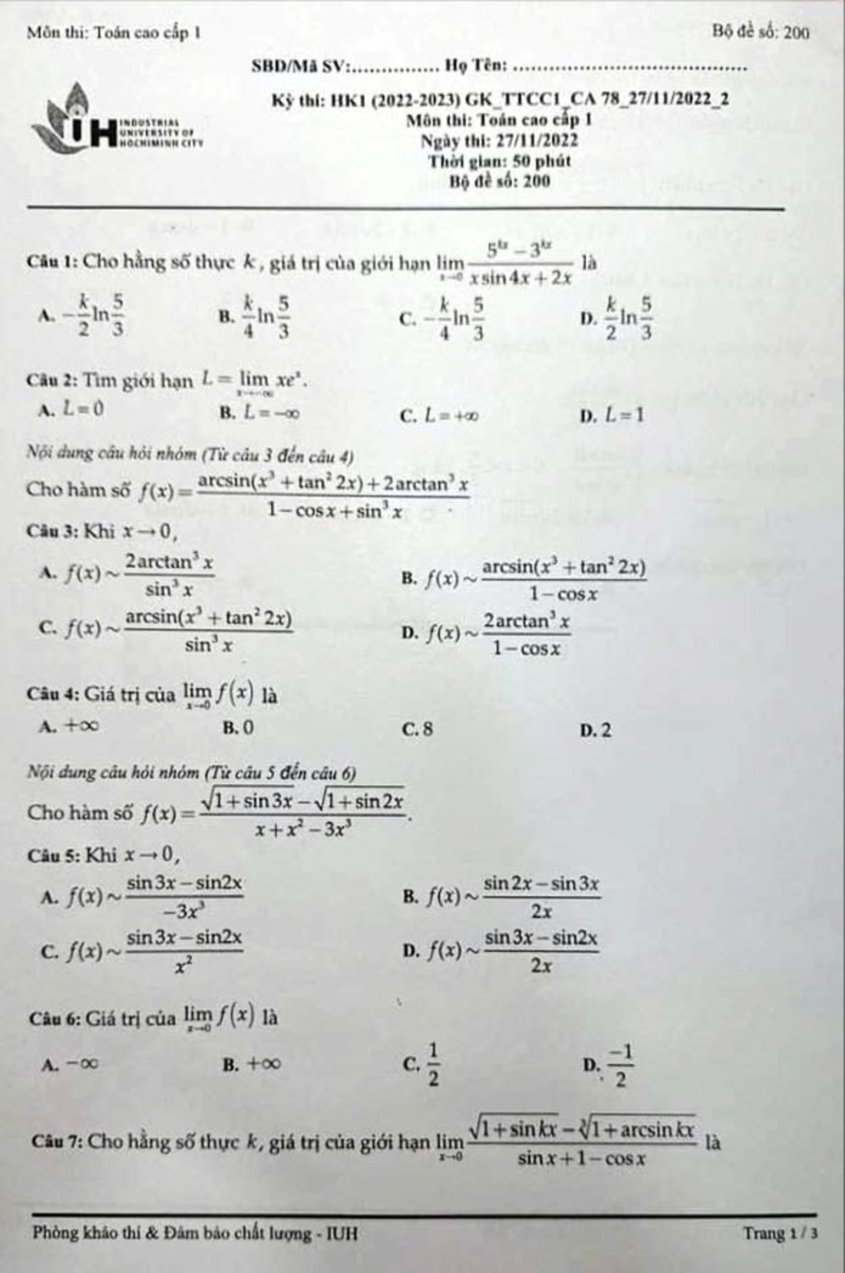 De Thi Thật Khoa truoc - Mon thi: Toán cao cáp I B6 de só: 200 SV: Hq Ten: Ky thi: HKI GK TTCC1 ...