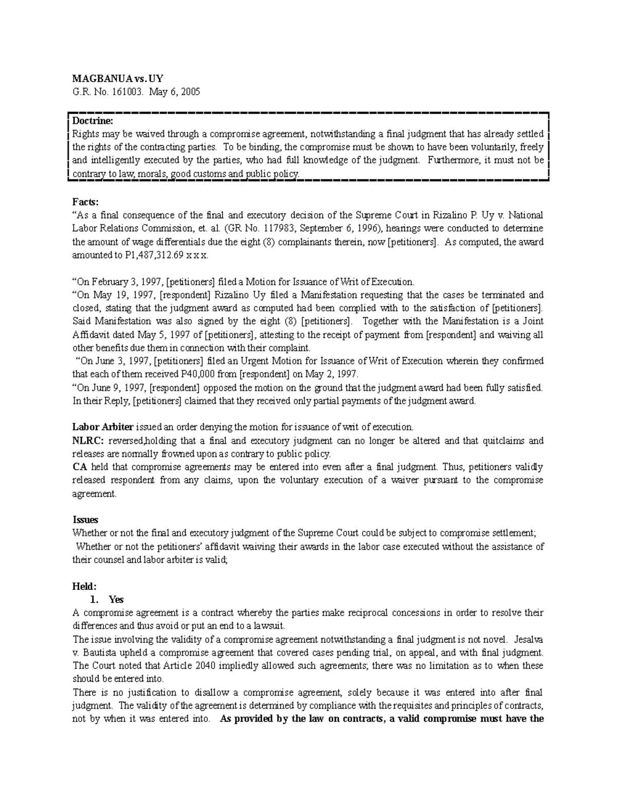 105175956 Magbanua vs Uy - MAGBANUA vs. UY G. No. 161003. May 6, 2005 ...