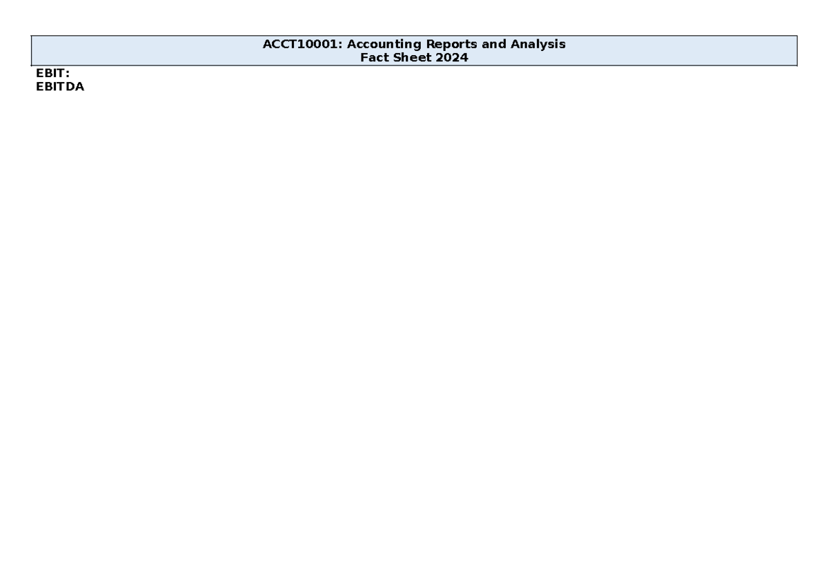 Ratio Analysis summary - ACCT10001: Accounting Reports and Analysis ...