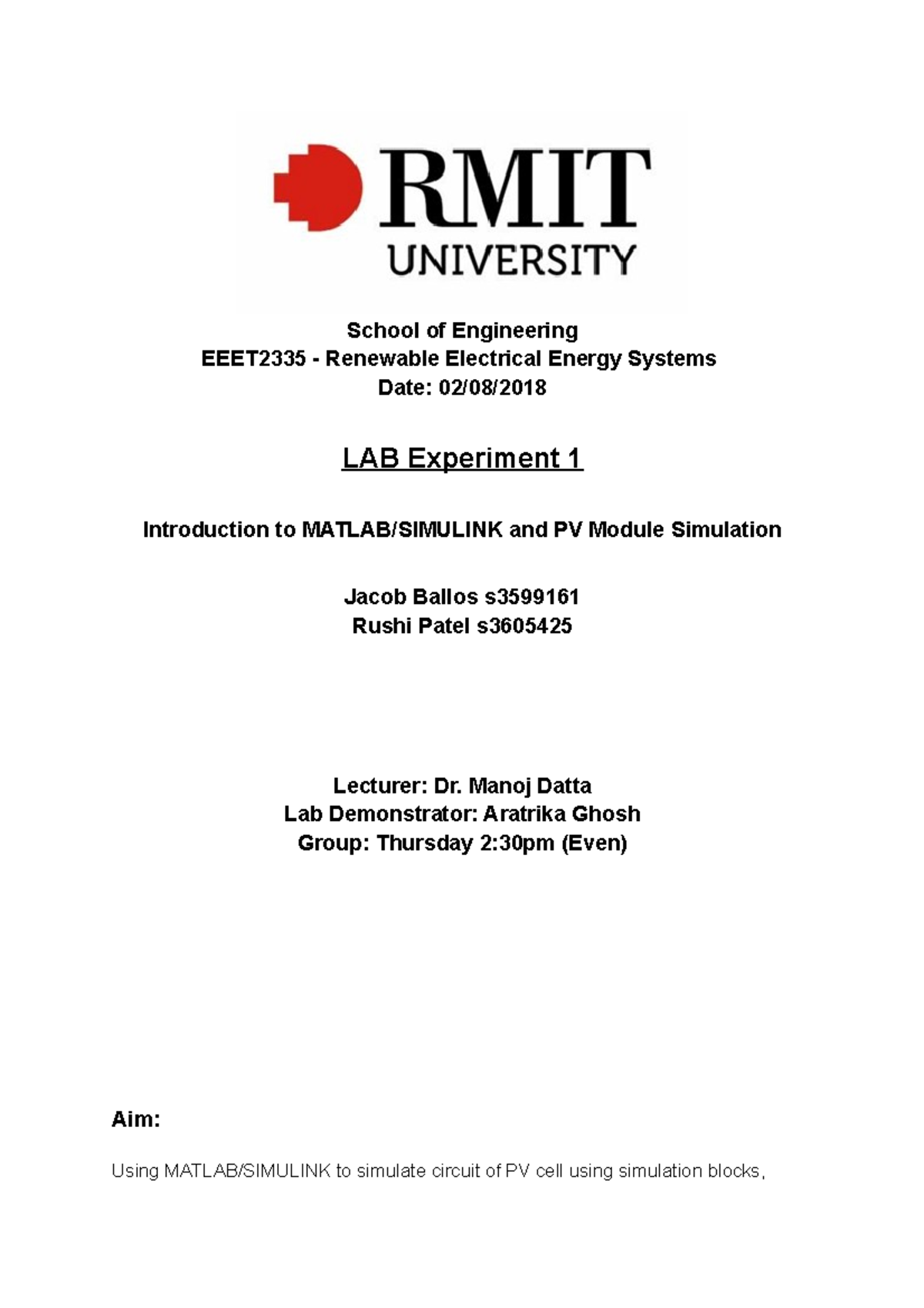 Prac 1 Renewables - Lab 1 for Renewable energy RMIT - School of ...