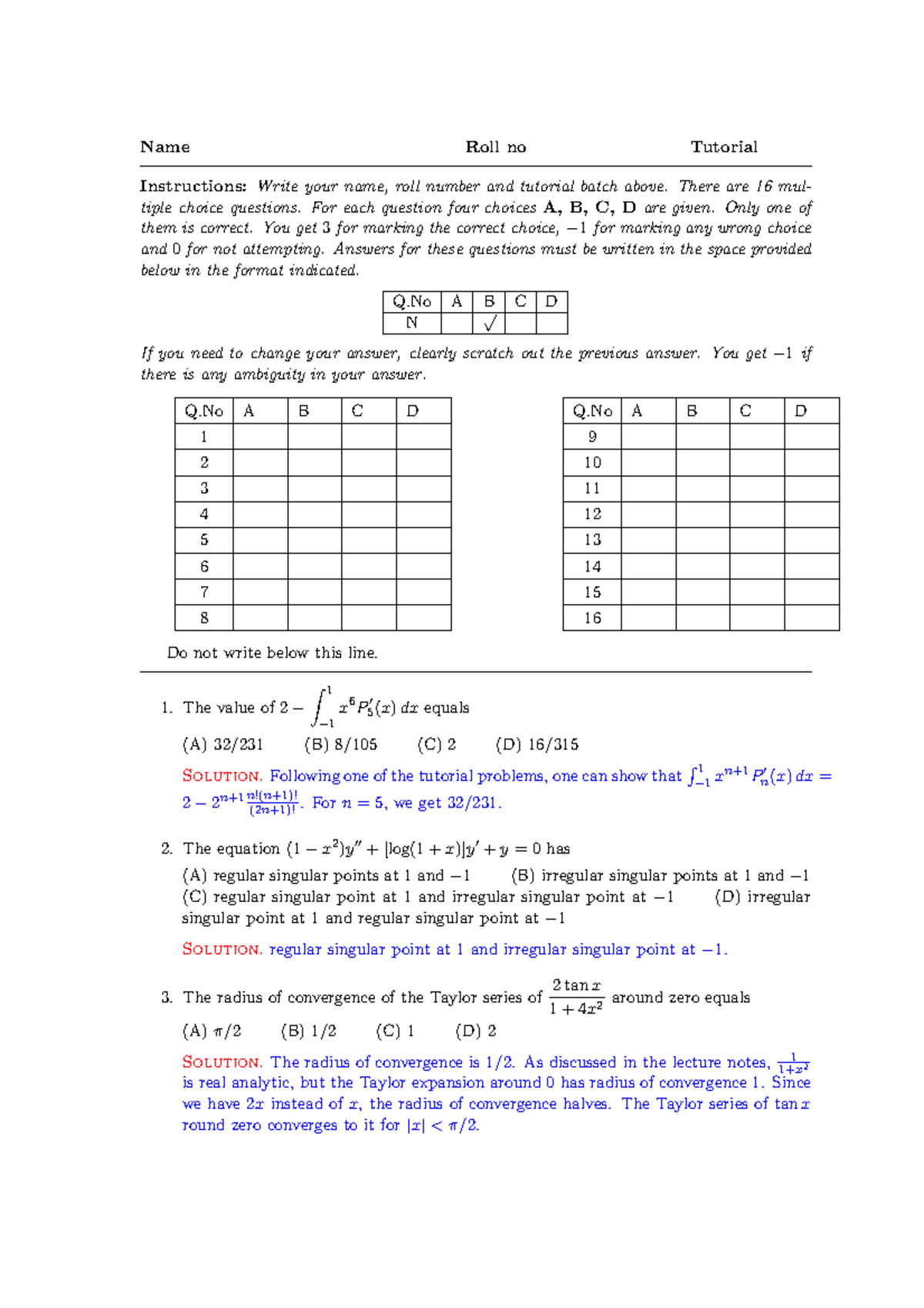 MA207 MCQ QUIZ 2020 - Name Roll no Tutorial Instructions: Write your ...