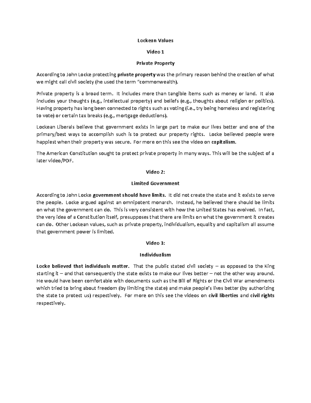 Lockean Values lecture notes - Lockean Values Video 1 Private Property ...