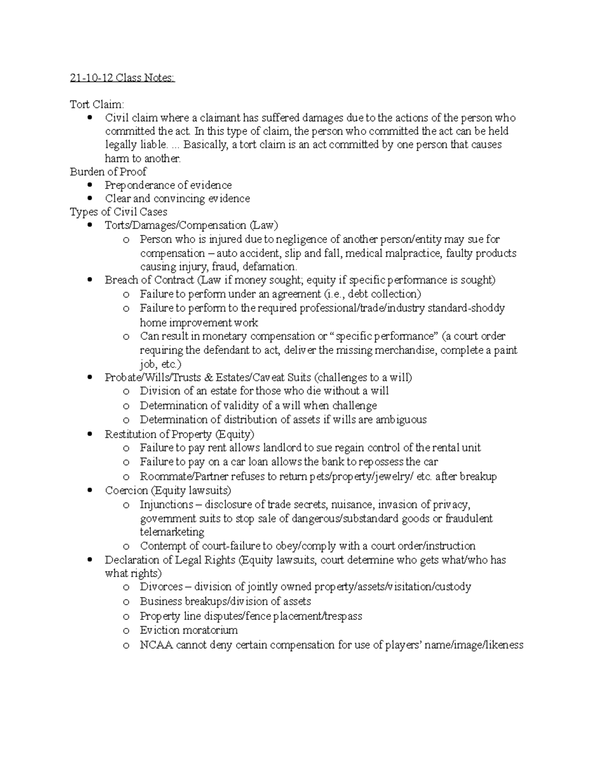 21-10-12 Class Notes - Professor Patricia Mitchell (Judge) - 21-10-12 ...