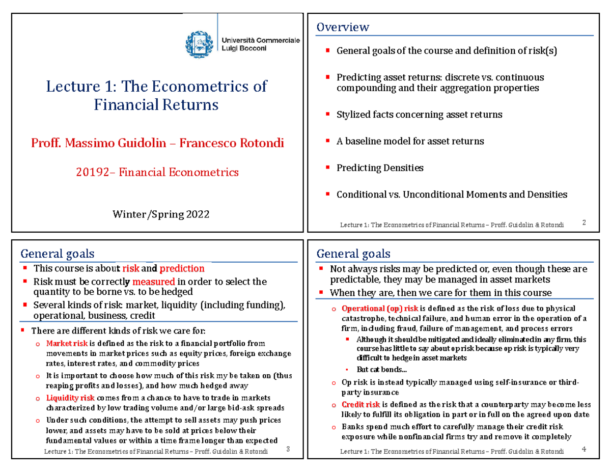 Lecture 1 - Slides - Lecture 1: The Econometrics of Financial Returns ...