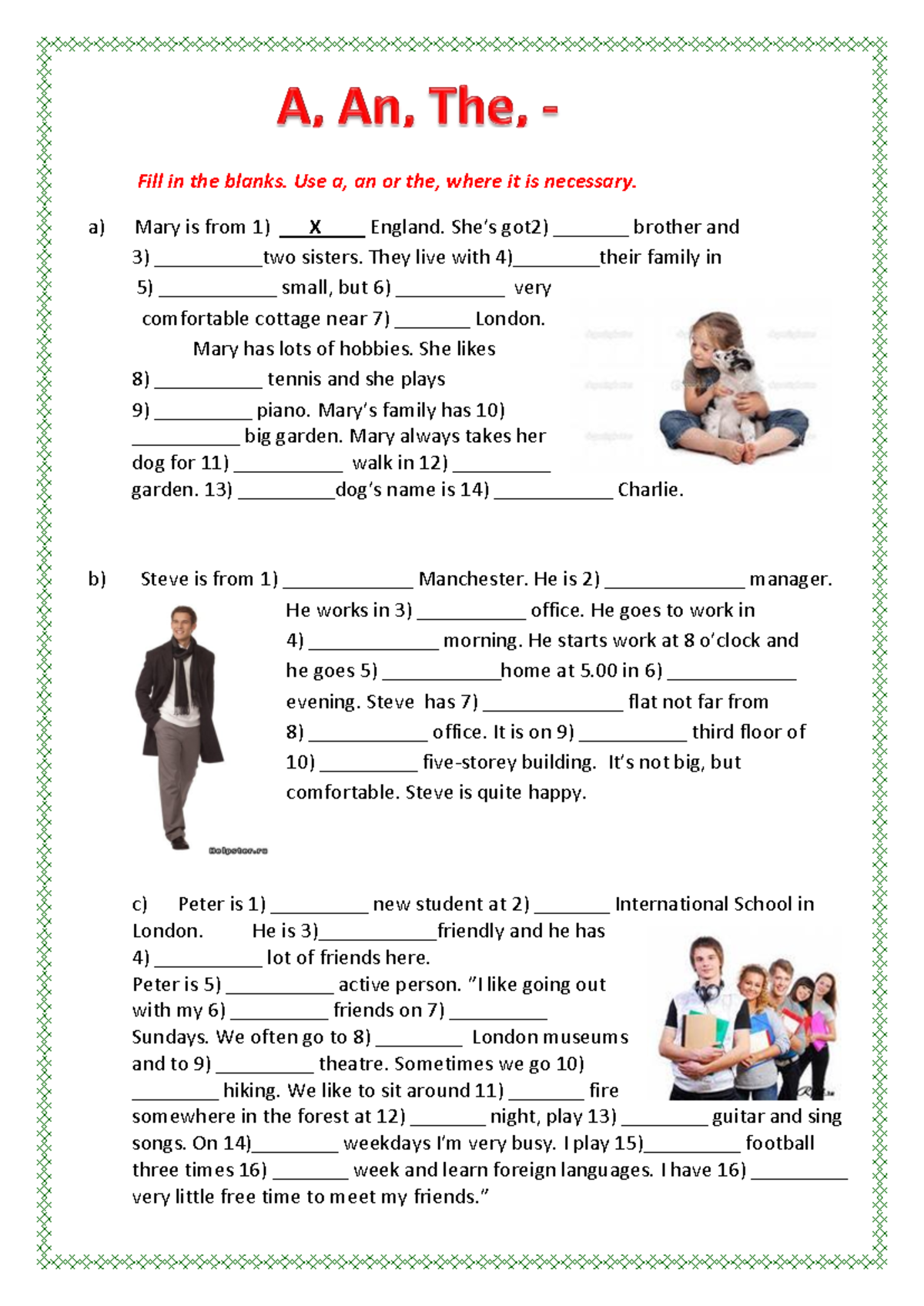 Articles-1 - article - Fill in the blanks. Use a, an or the, where it ...