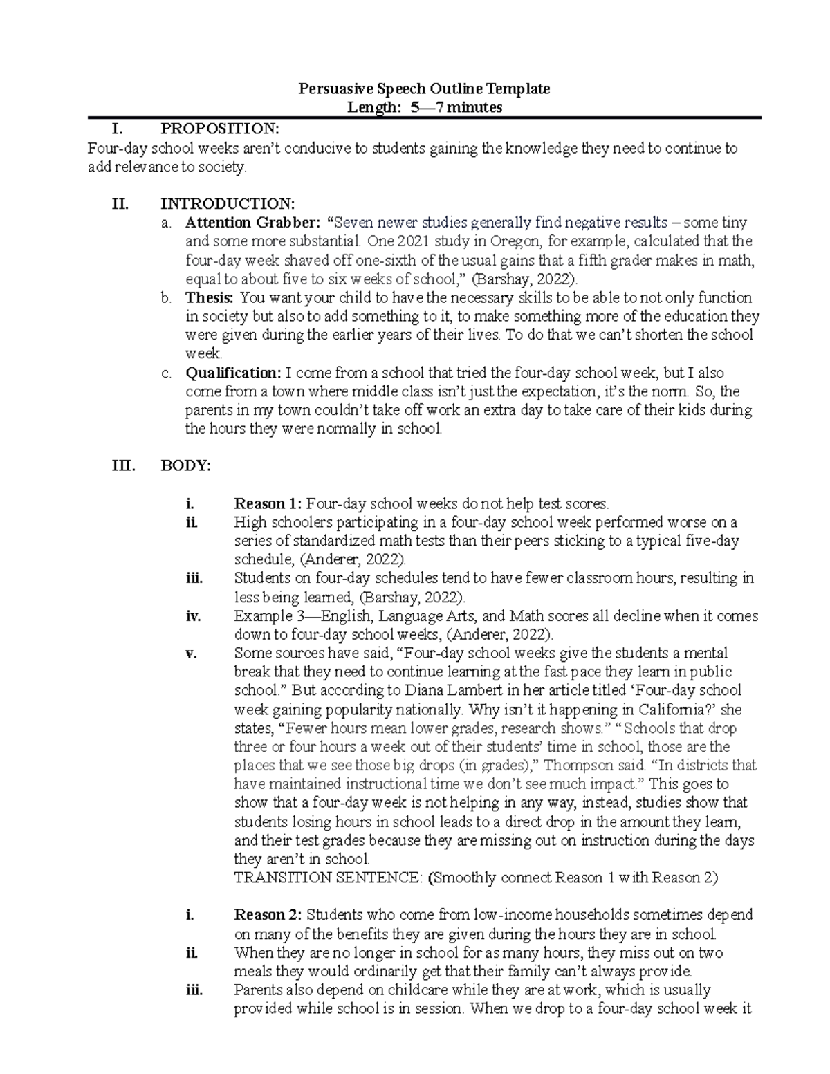 Persuasive Speech Outline - PROPOSITION: Four-day school weeks aren’t ...