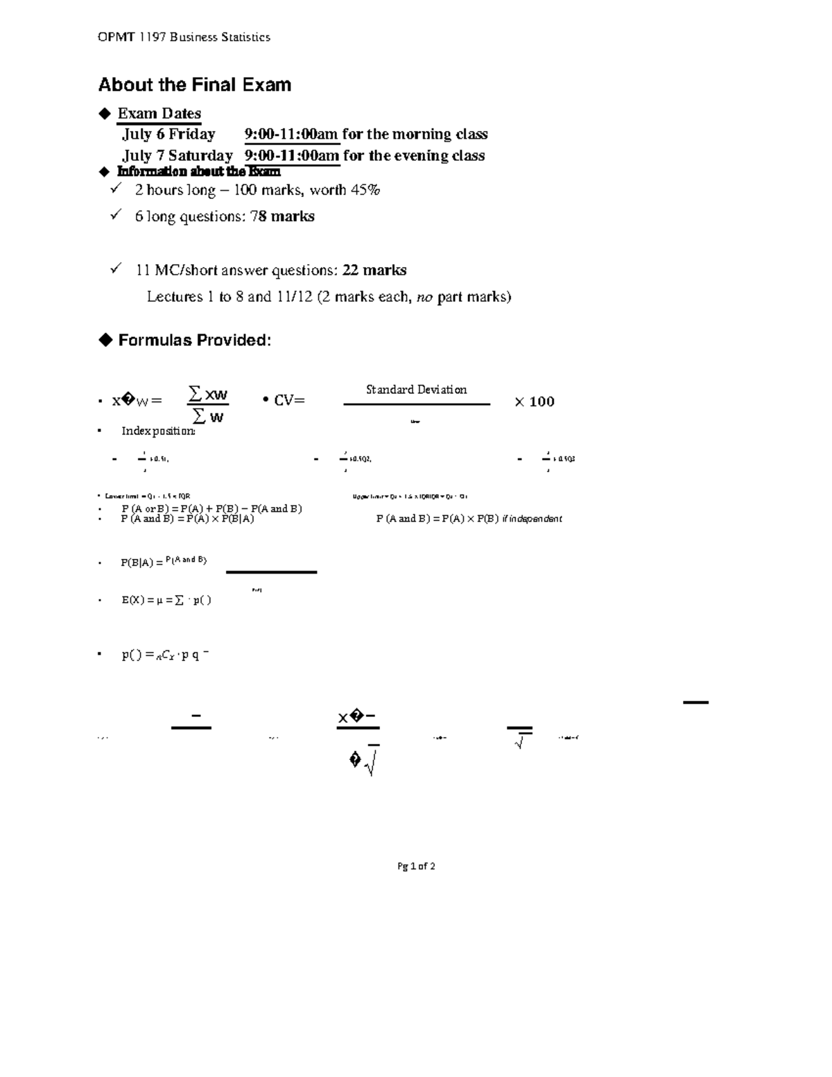 1187 Final exam information sheet - OPMT 1197 Business Statistics About ...