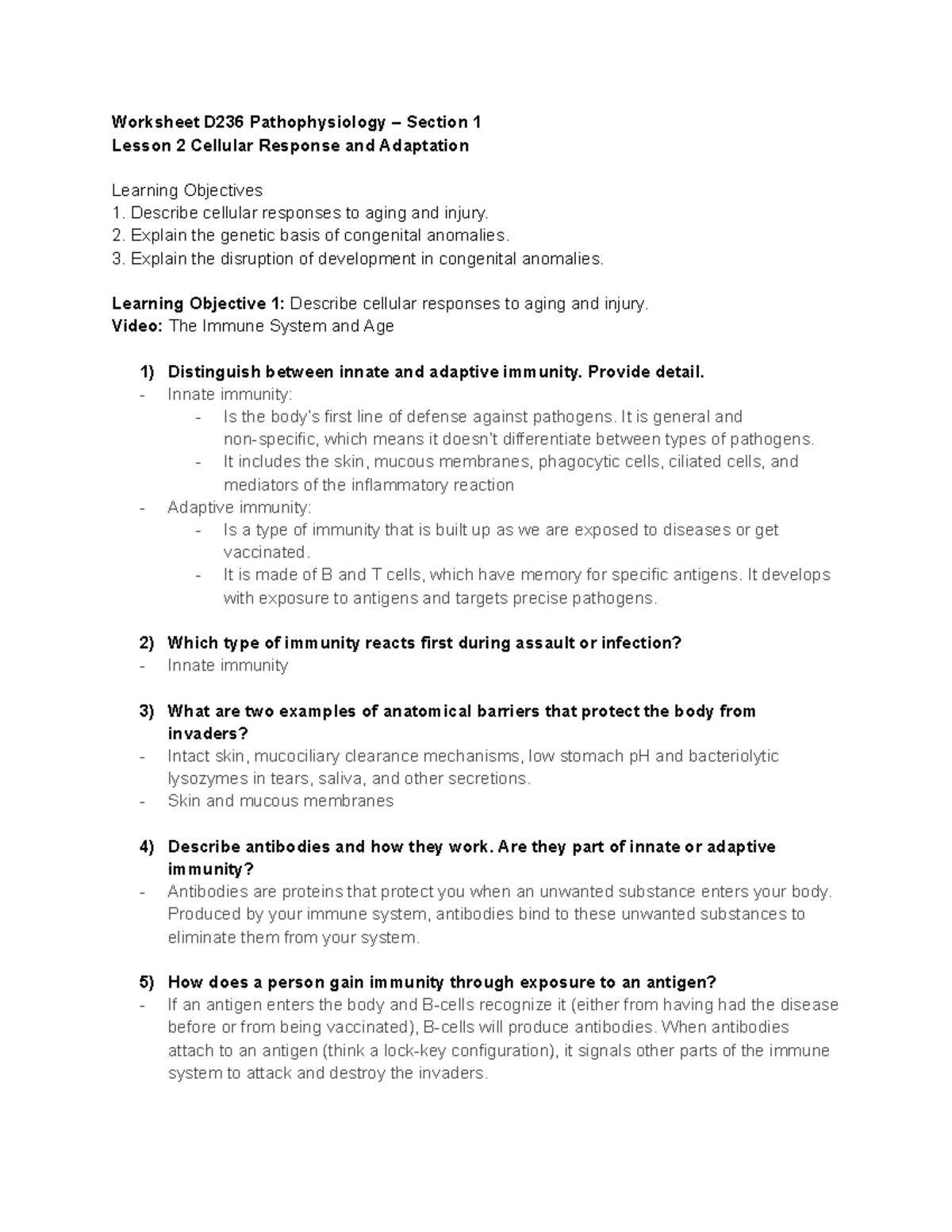 Lesson 2 Cellular Response and Adaptation - Worksheet D236 ...