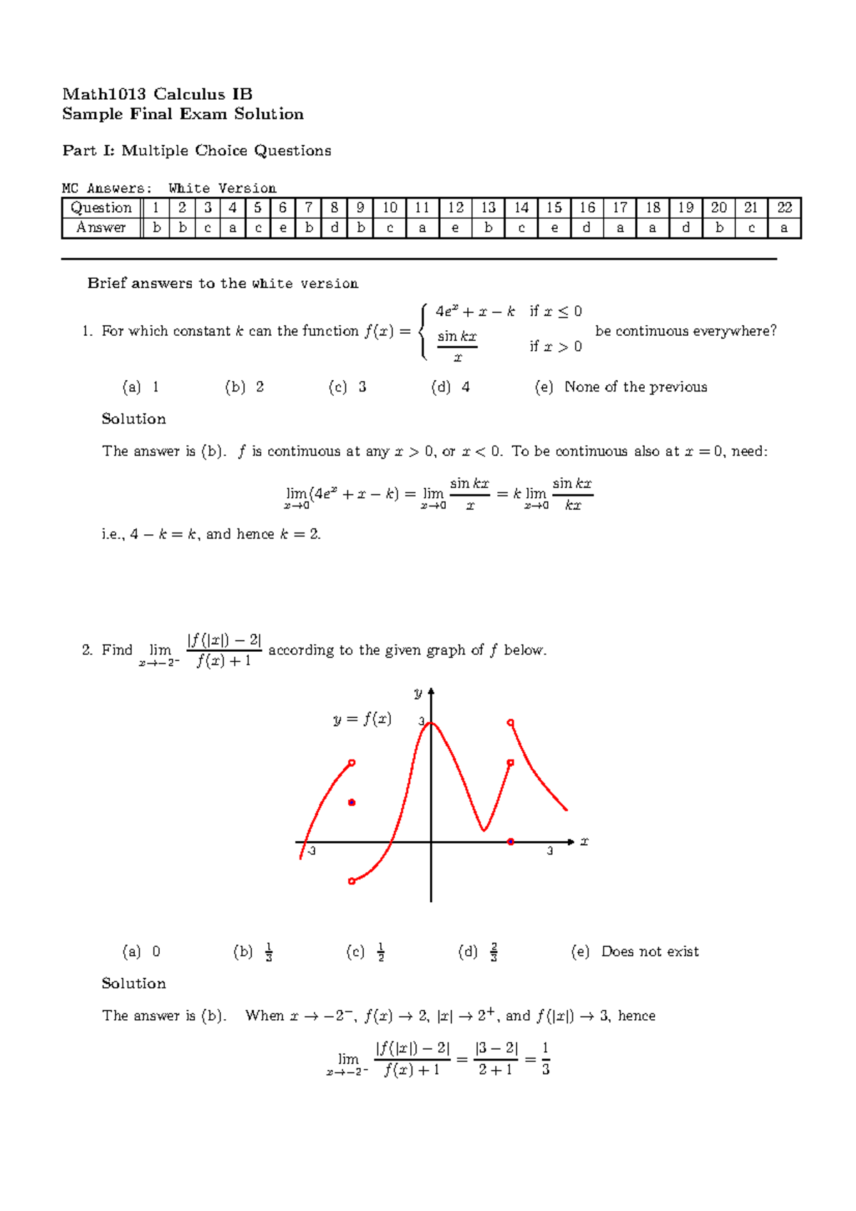 Math1013 sample final ans - Math1013 Calculus IB Sample Final Exam ...