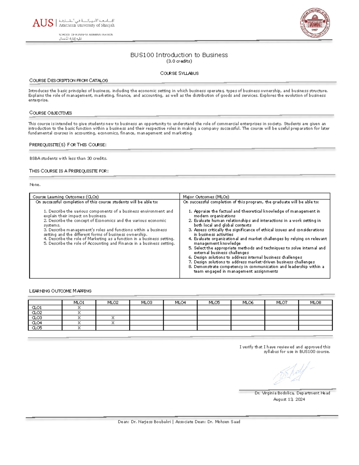 F24 BUS100 Syllabus - ........ - BUS100 Introduction to Business ...
