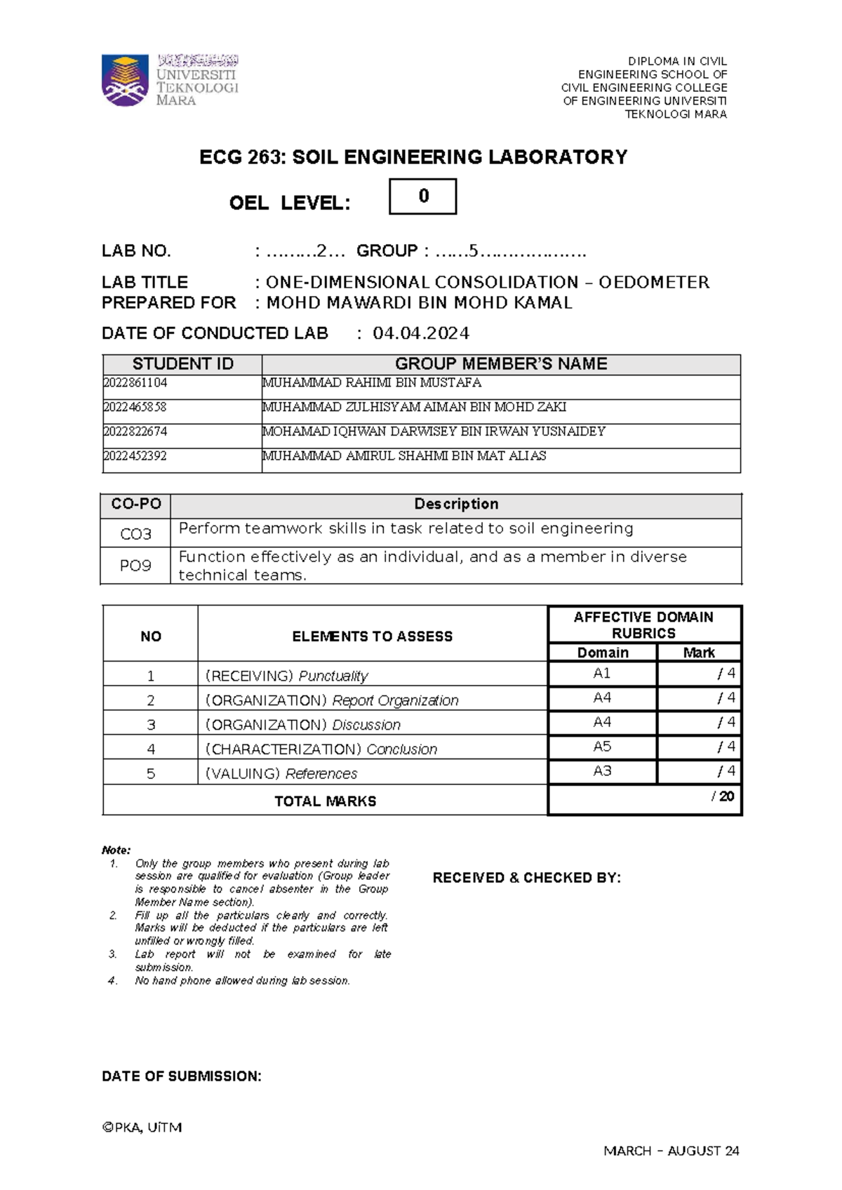 LAB Oedometer - VBBVHVB - 0 DIPLOMA IN CIVIL ENGINEERING SCHOOL OF ...
