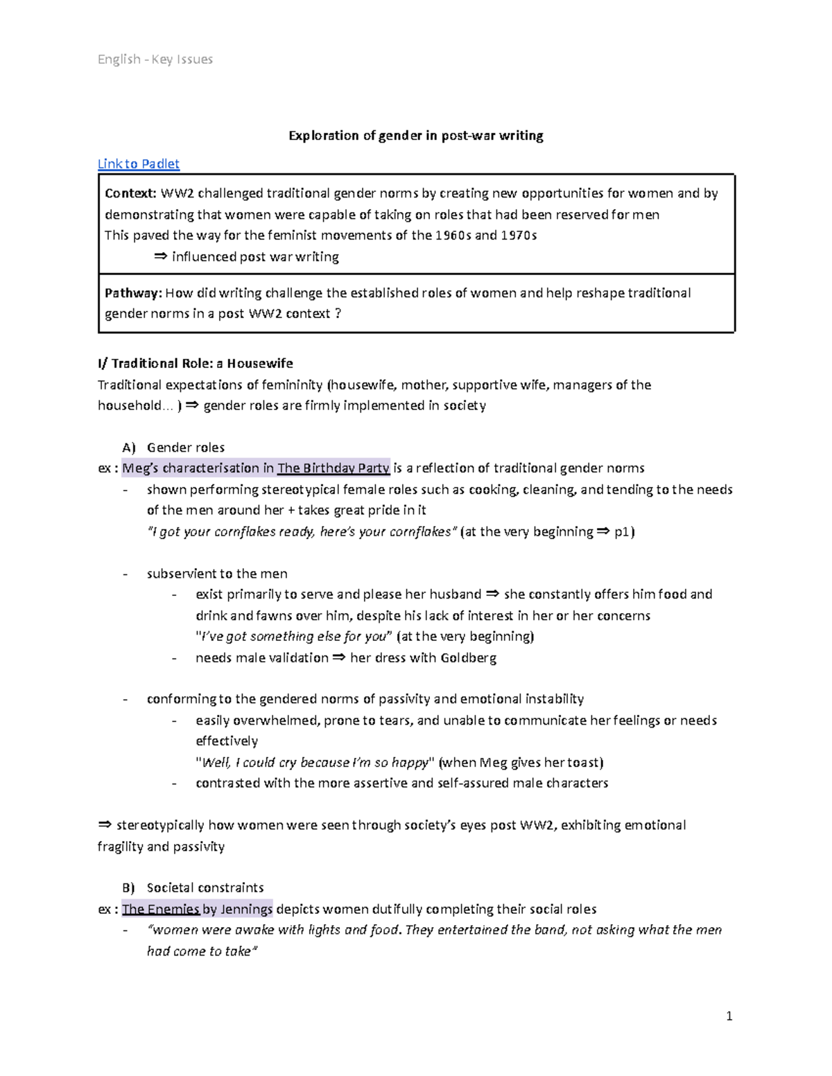 English Key Issues - Exploration of gender in post-war writing Link to ...