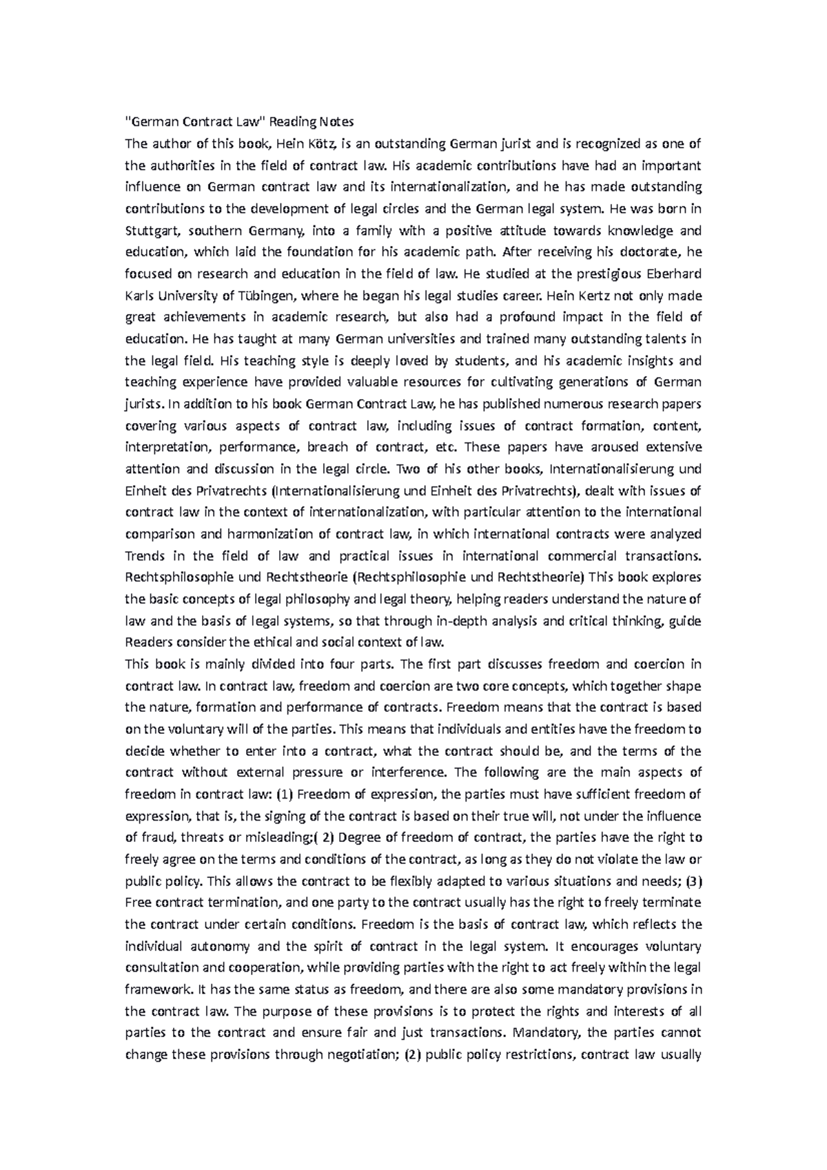 Contract law reading notes - "German Contract Law" Reading Notes The ...