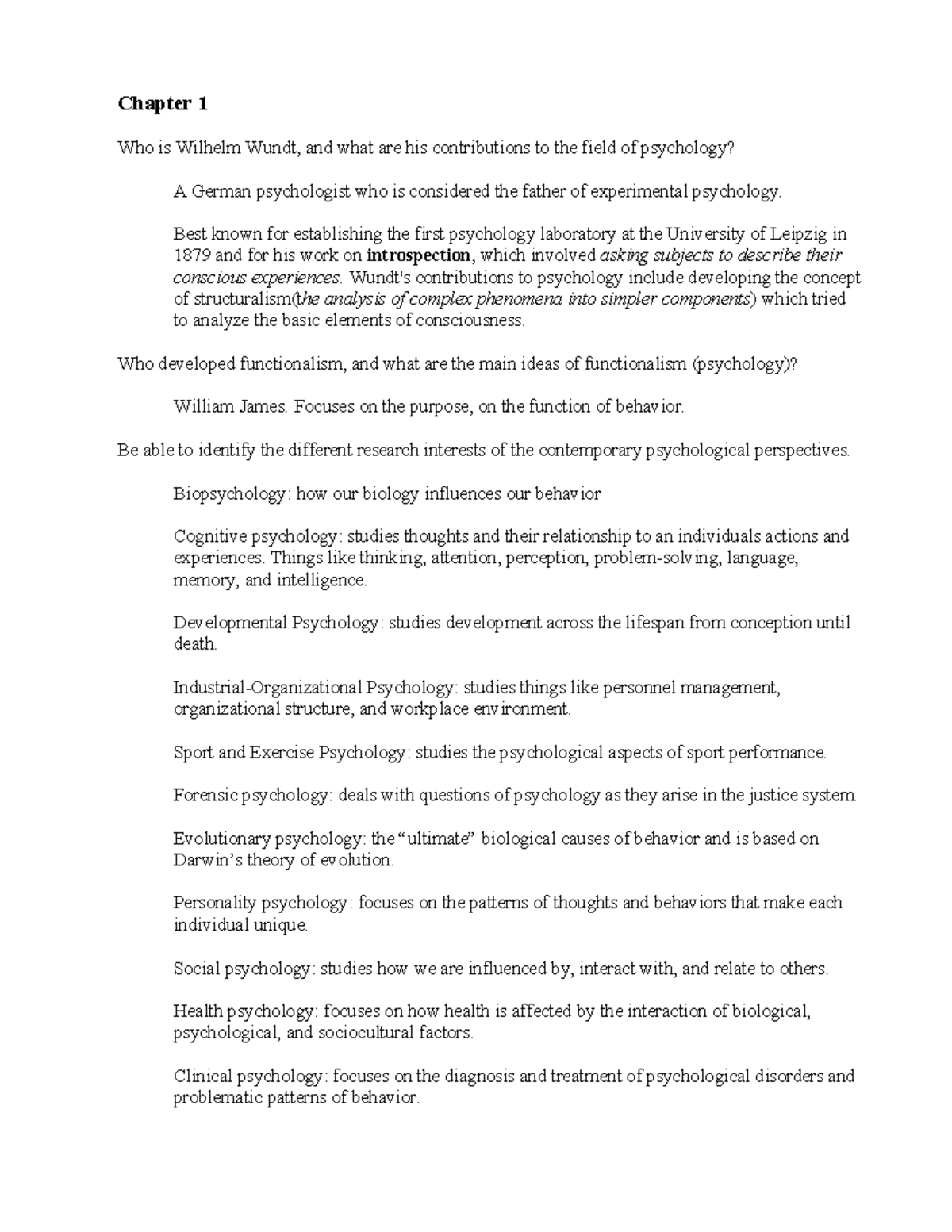 Chapter 1 Study Guide - Intro to Psychology - Chapter 1 Who is Wilhelm ...