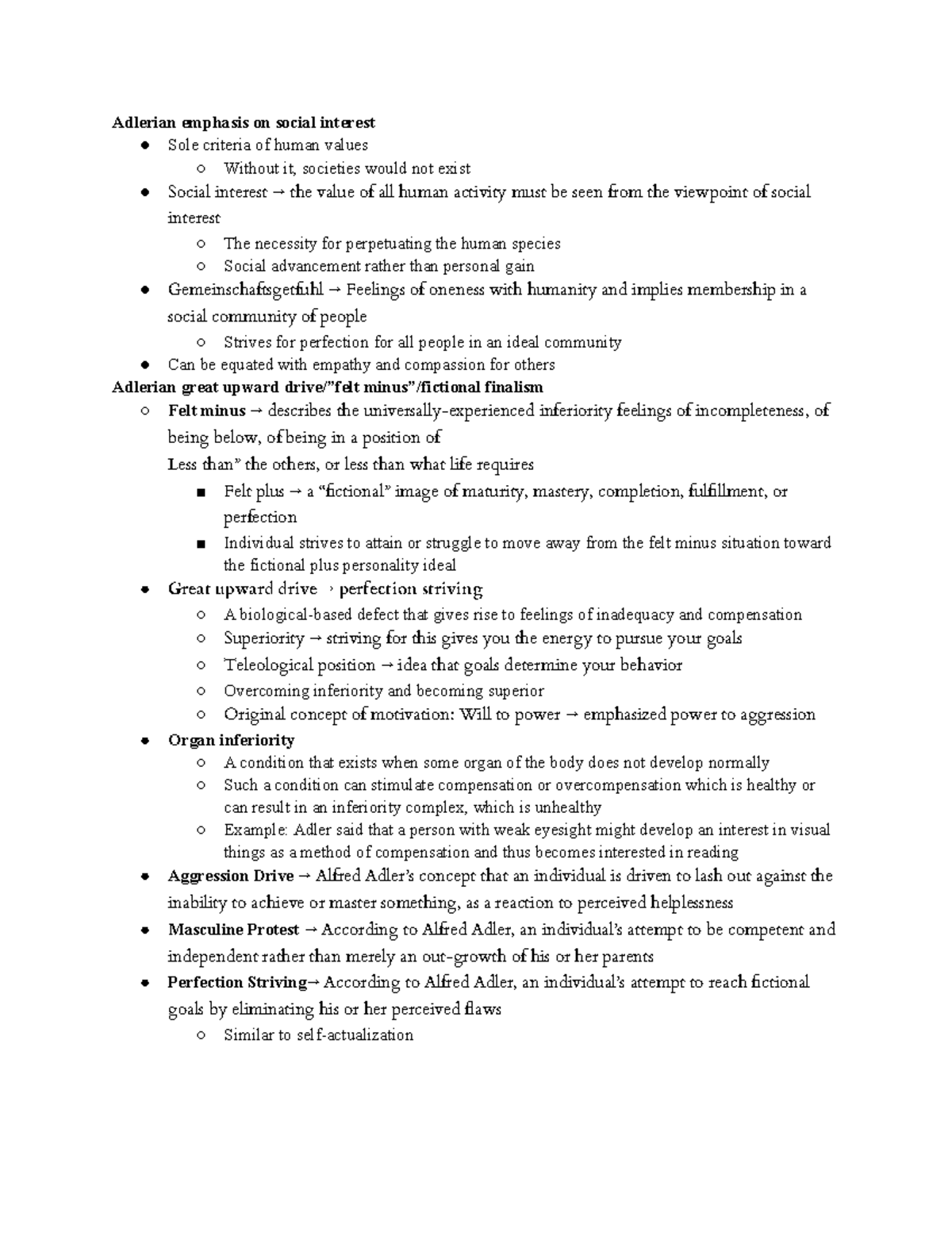 Makeup Exam Study Guide - Adlerian emphasis on social interest Sole ...