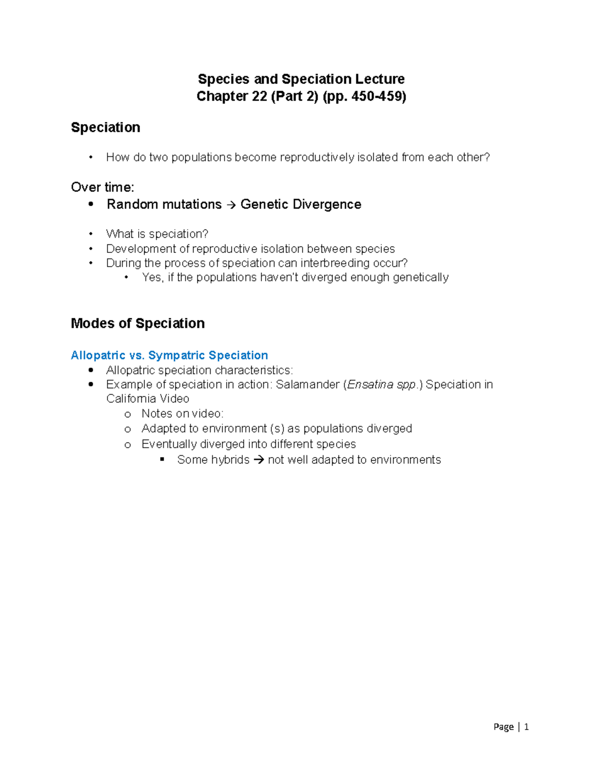CH 22 Pt 2 Species and Speciation WF Notes W2017 - Species and ...