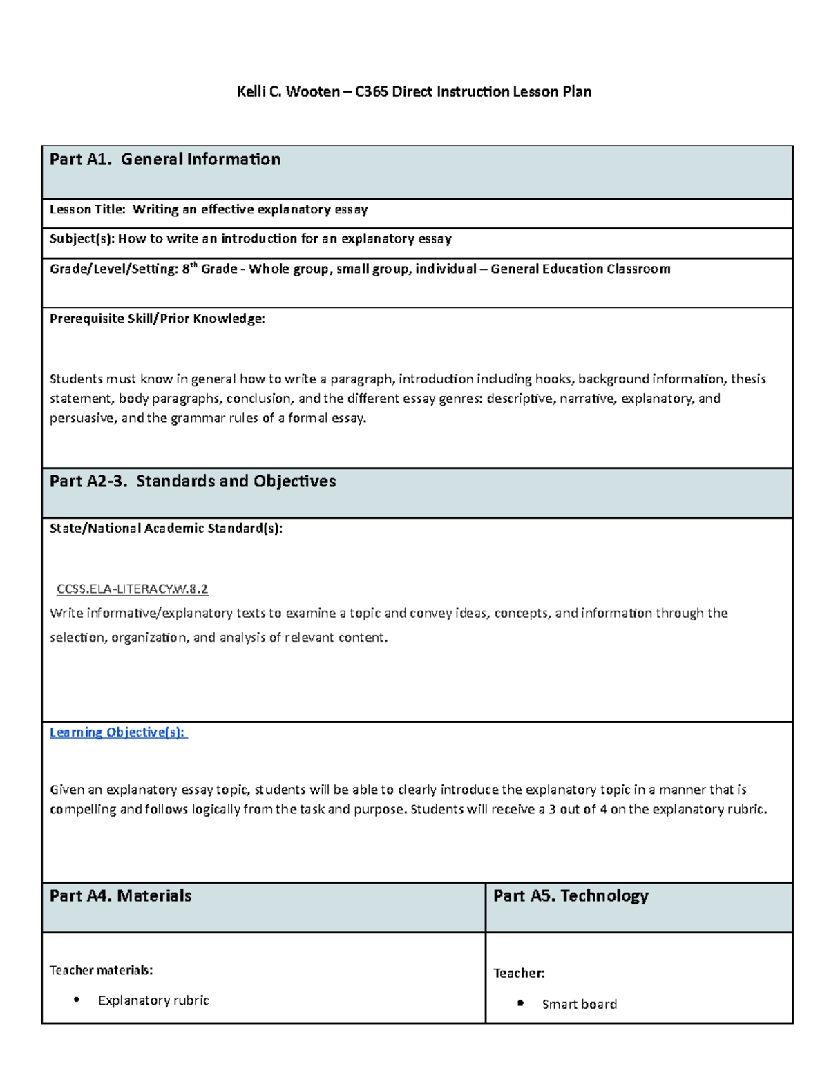 Kelli C. Wooten C365 Lesson Plan - Kelli C. Wooten – C365 Direct Instruction Lesson Plan Part A1 ...