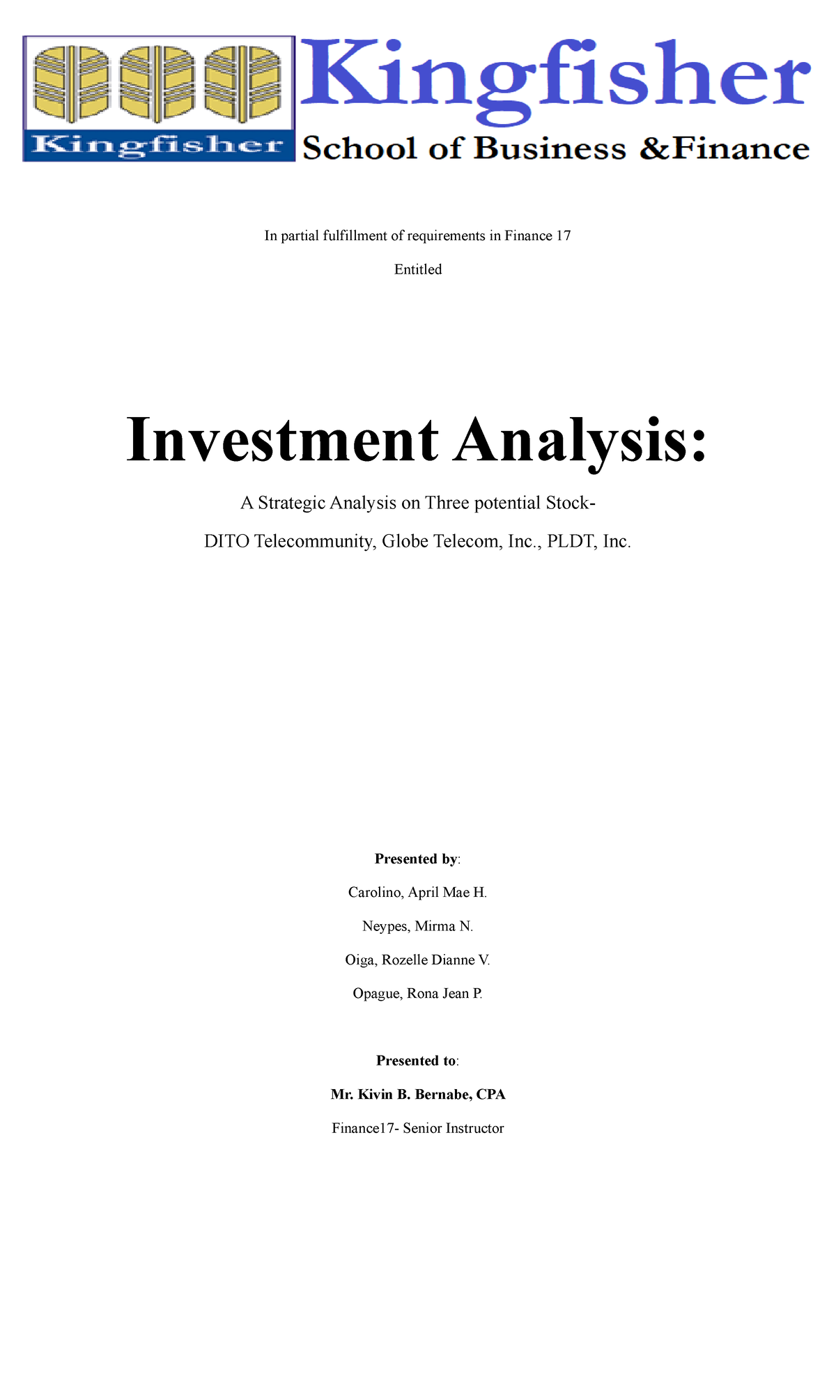 Finance- Paper - In partial fulfillment of requirements in Finance 17 ...