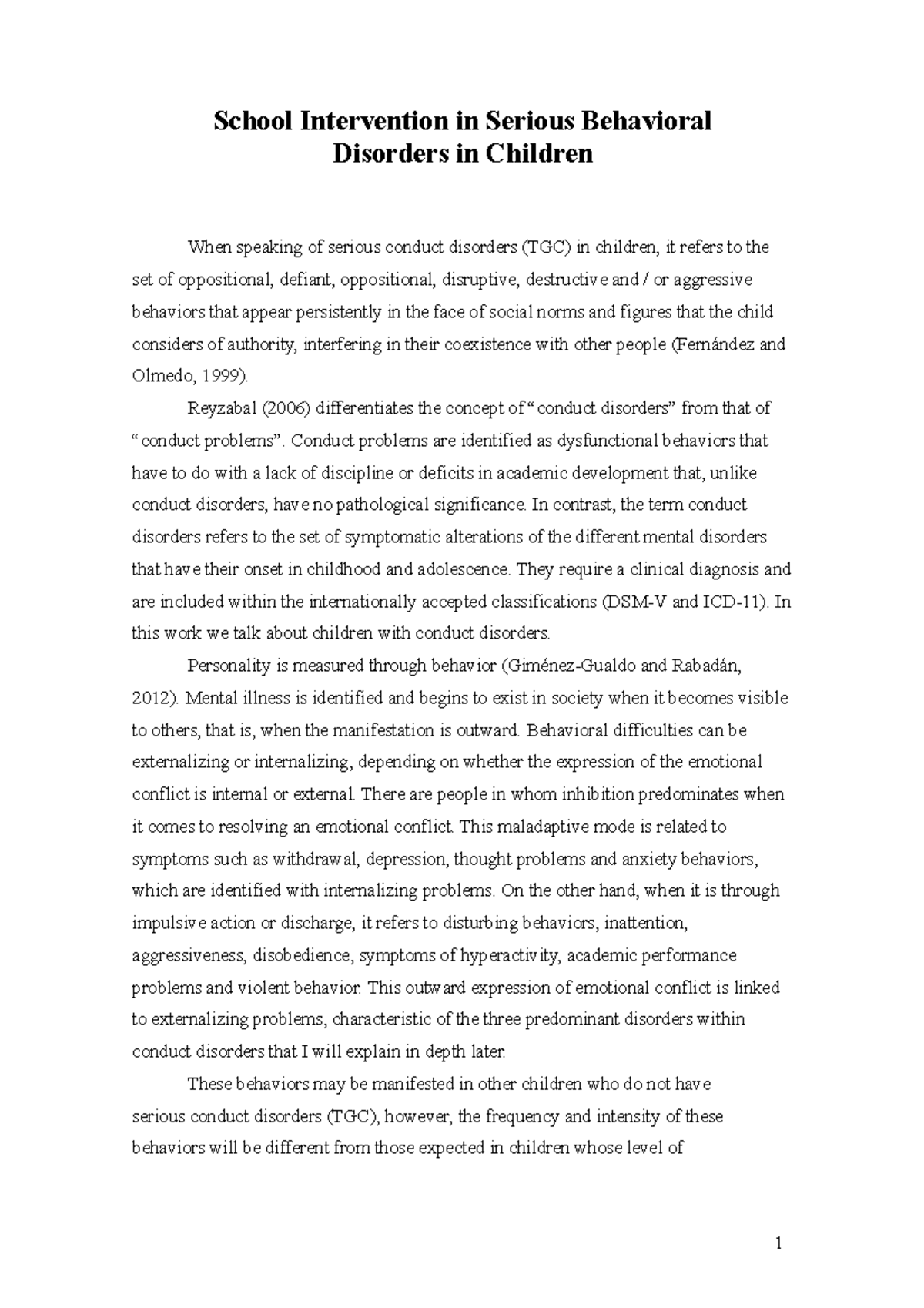 School Intervention in Serious Behavioral Disorders in Children - 1 ...